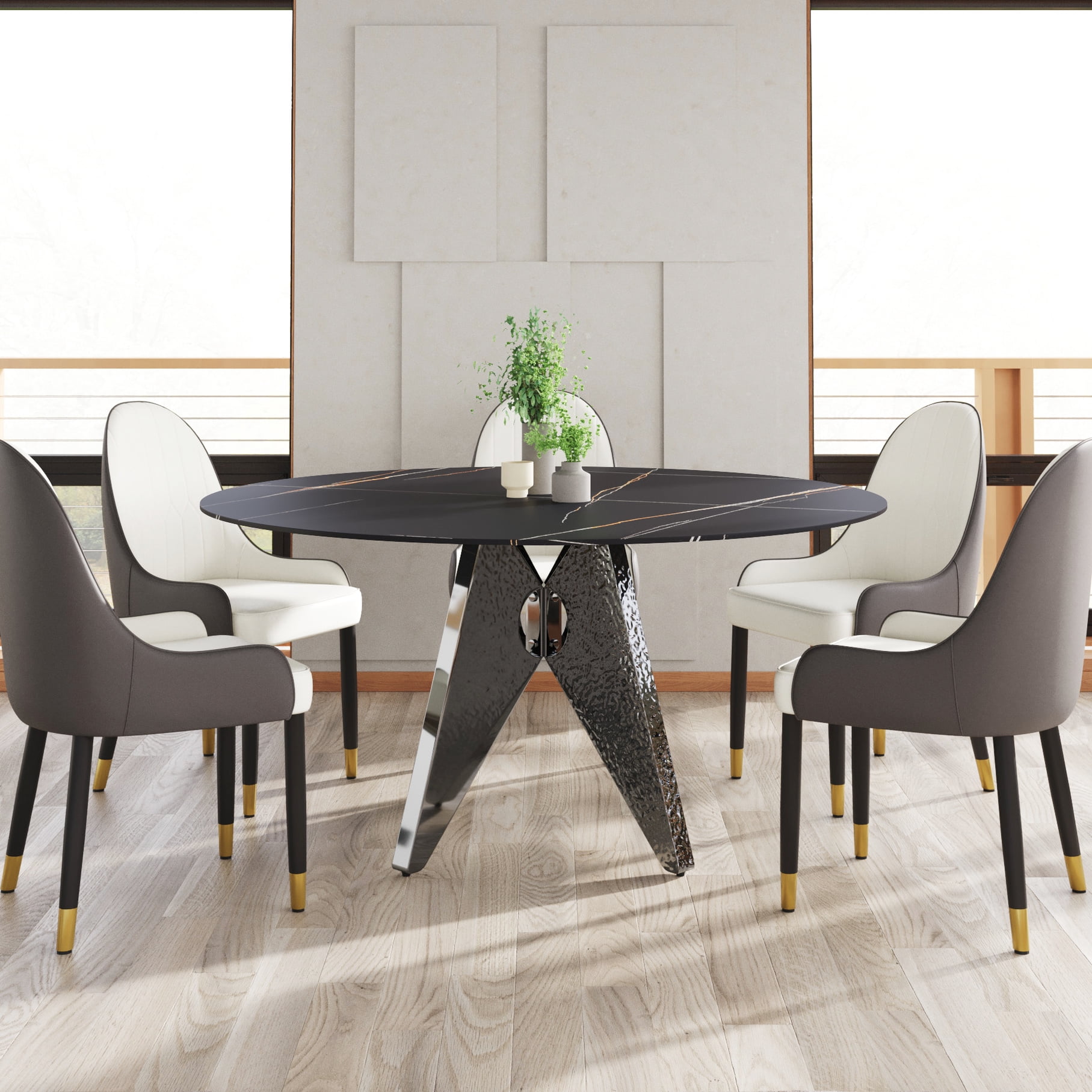 59.05" Round Dining Table With Silver Stainless Steel Base & Sintered ...