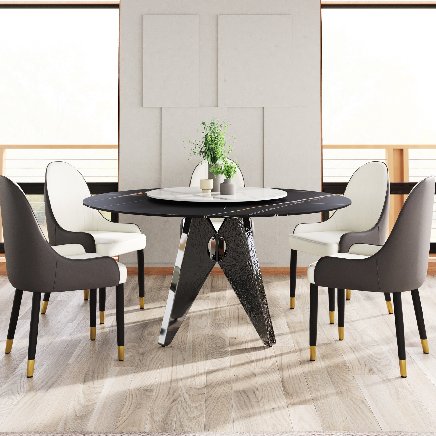 59.05" Round Dining Table | Silver Stainless Steel Pedestal Base ...