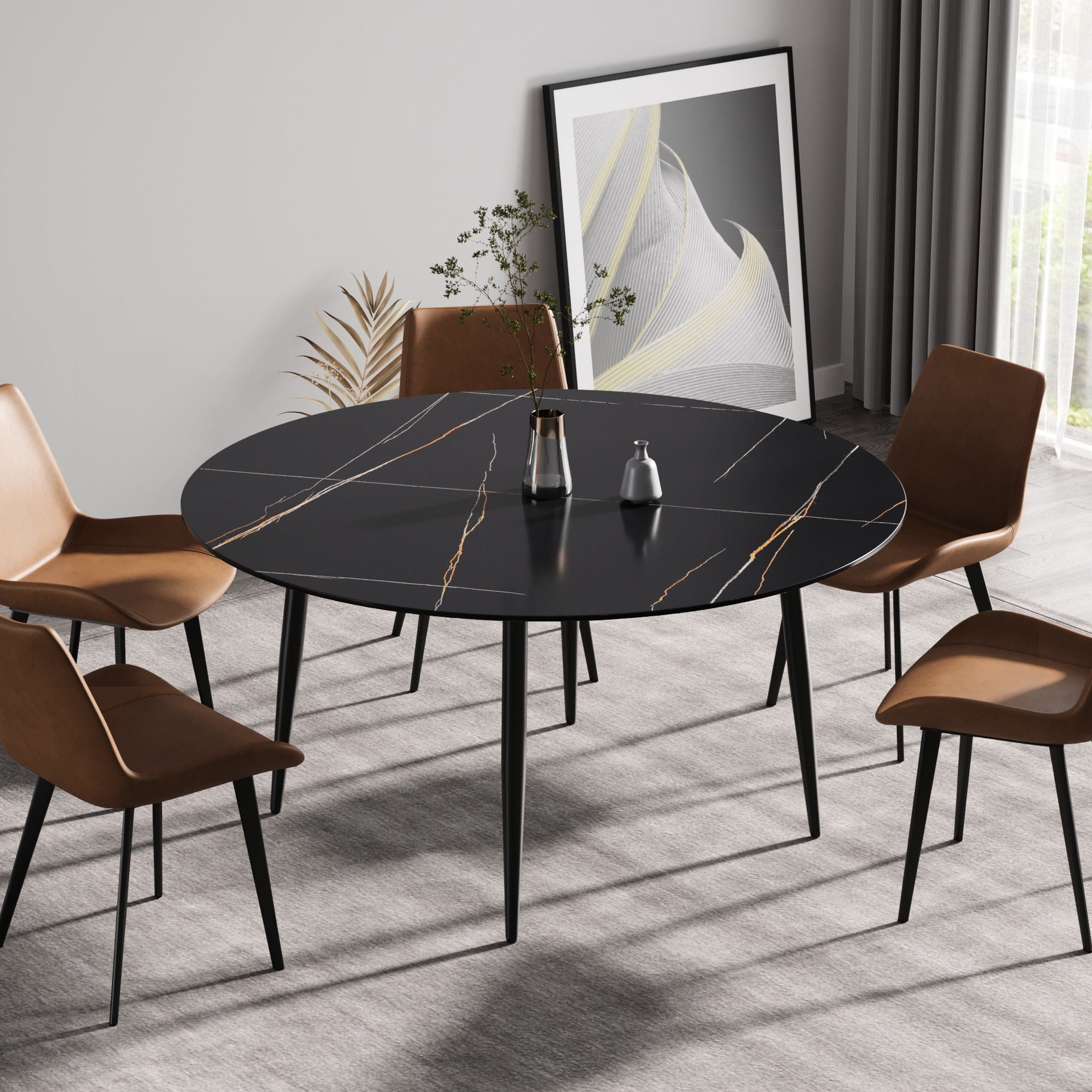 59.05" Round Dining Table, Sintered Stone Surface, Metal Base, 6 Seats ...