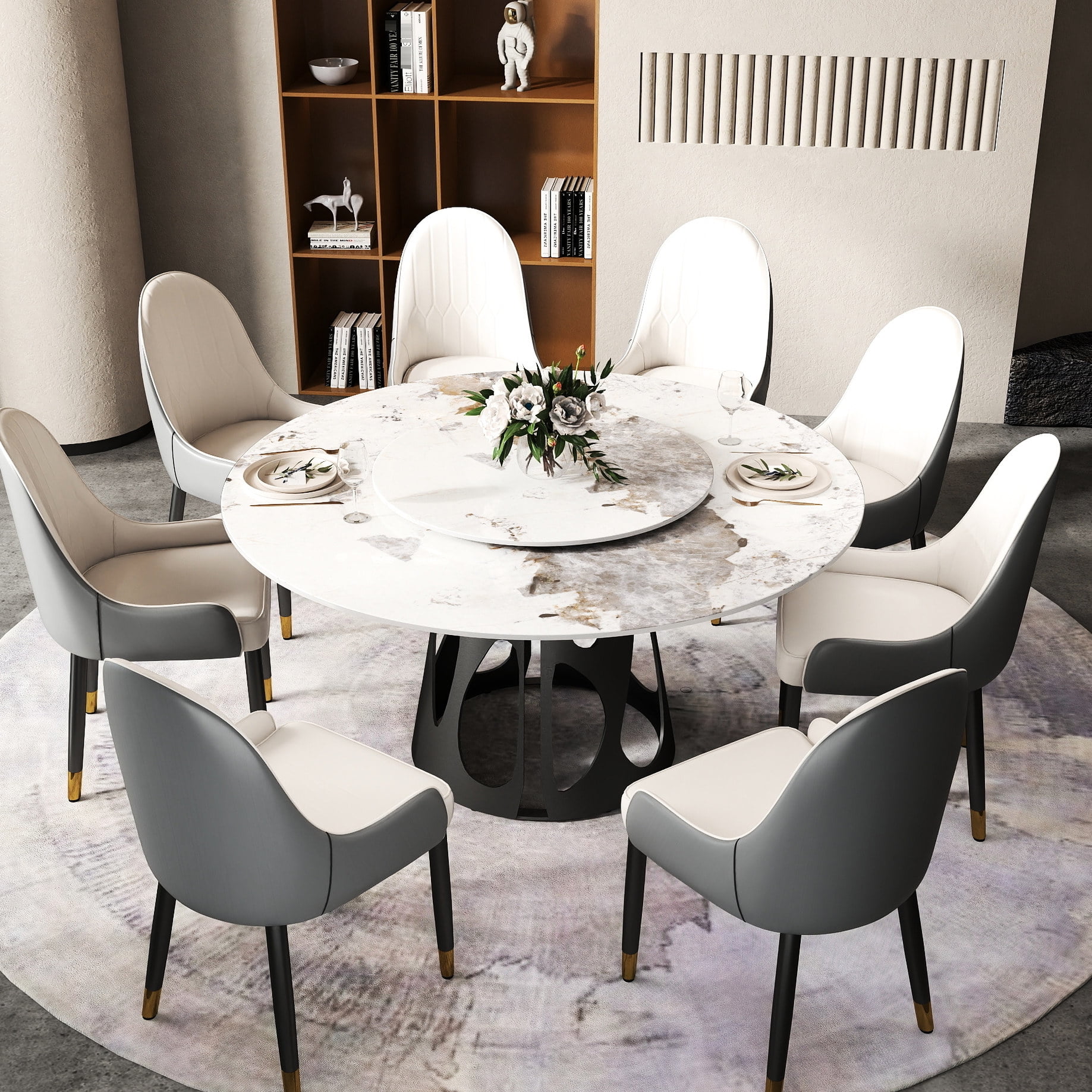 59.05" Round Dining Table of Sintered Stone, Black Metal Base ...