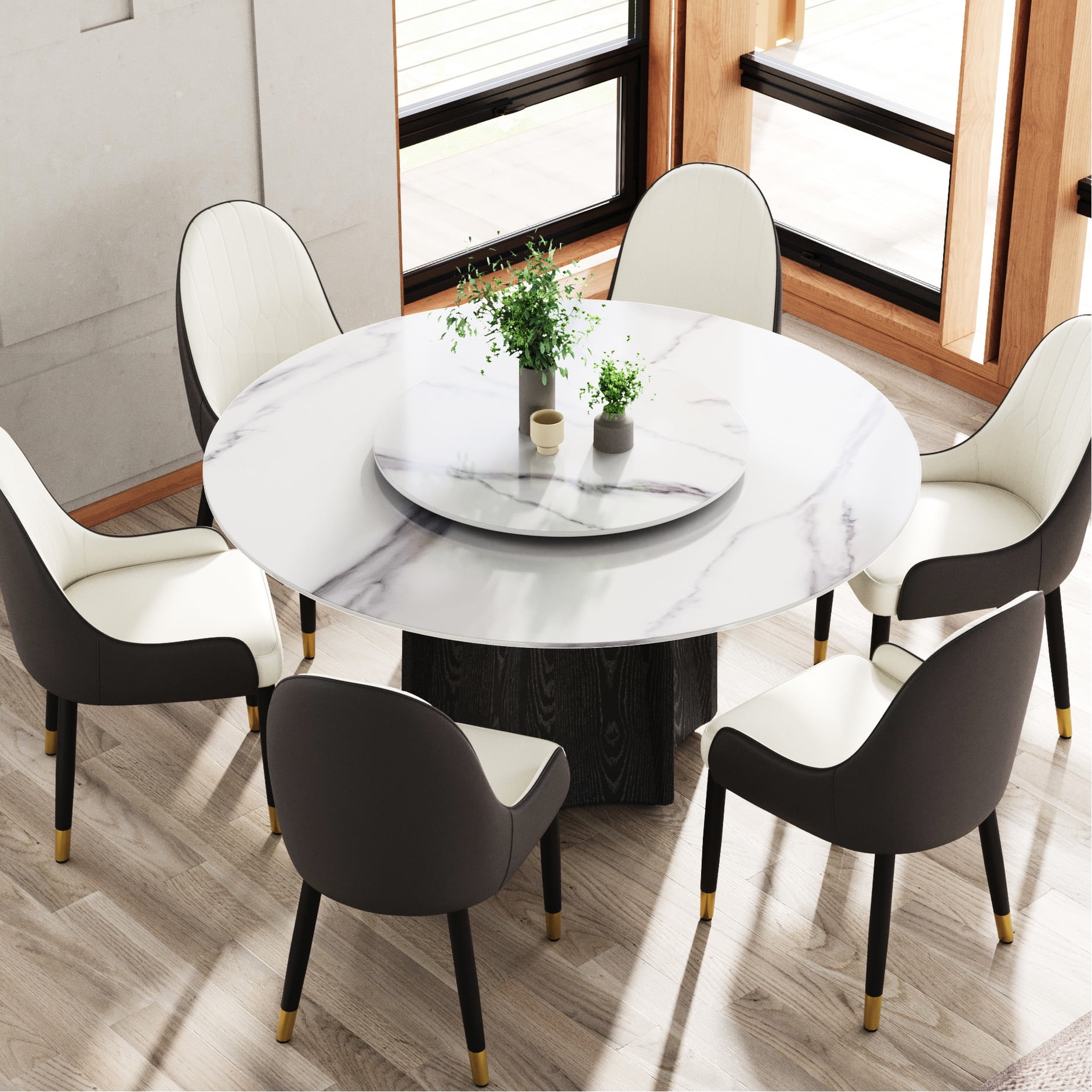 59.05" Round Dining Table with Oak Solid Wood Base, Fire - resistant ...