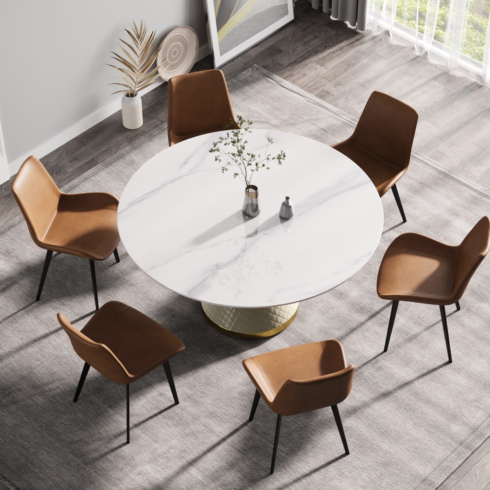 59.05" Round Sintered Stone Dining Table with Carbon Steel Base ...