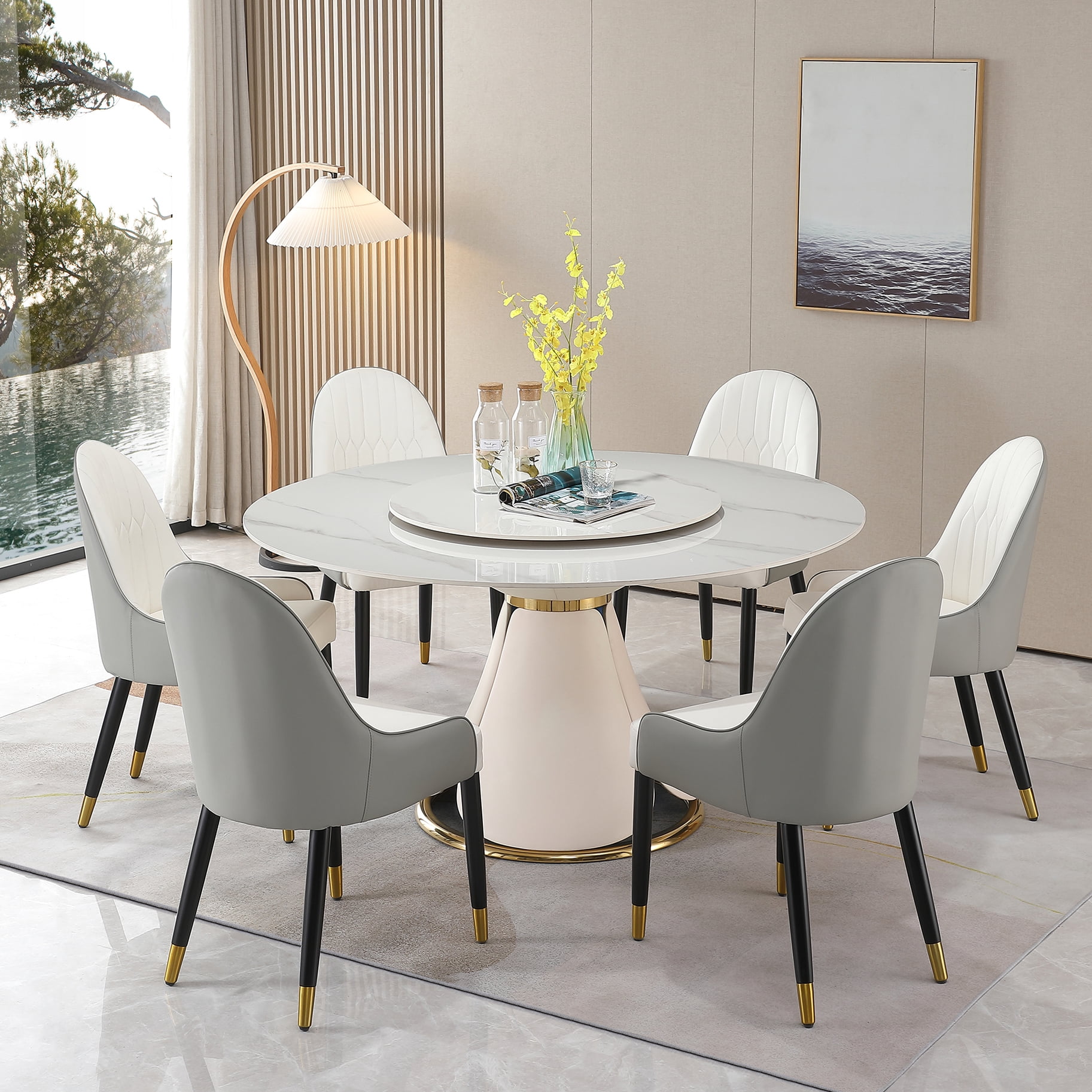 59.05" Sintered Stone Dining Table With 31.5" Rotate Plate And 6 Long ...
