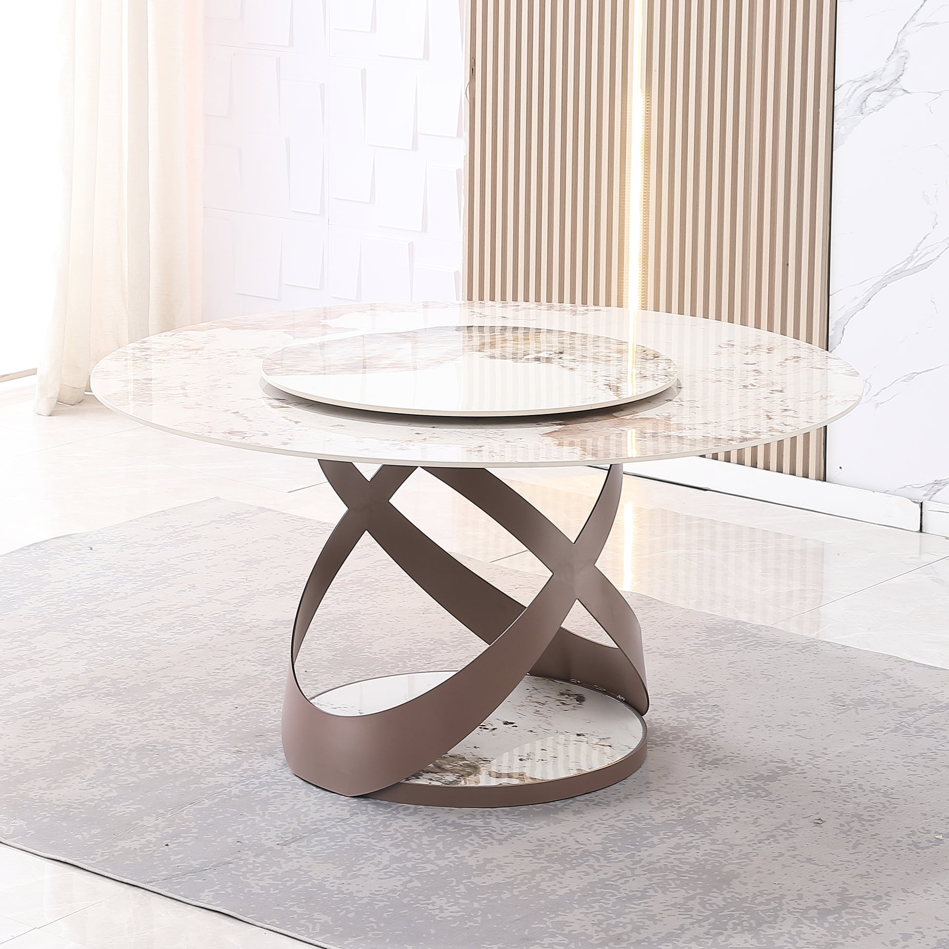 59.05" Sintered Stone Dining Table, 31.5" Rotating Tabletop, Metal ...