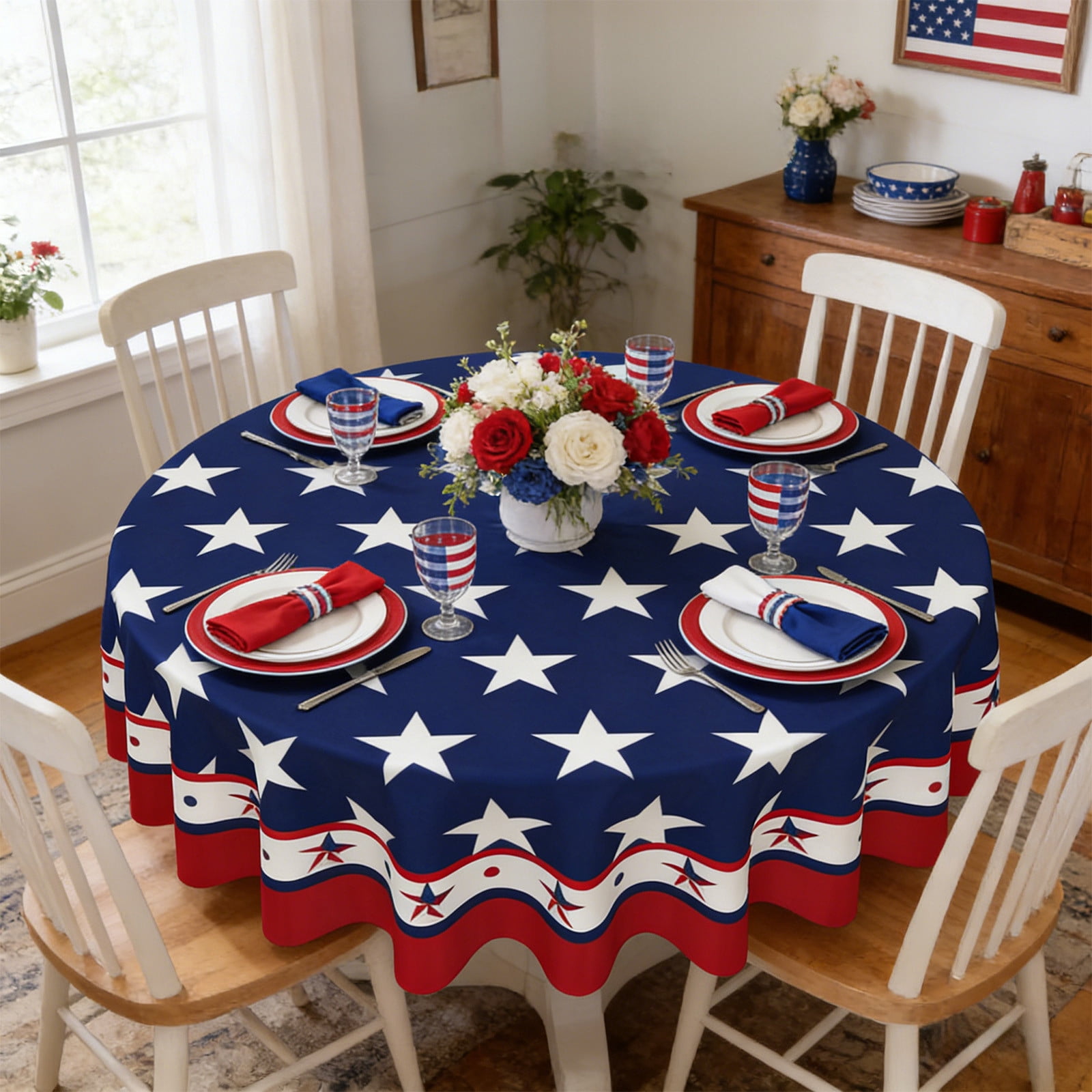 59.06in Round Polyester Patriotic Tablecloth, Star Pattern Oil Stain ...