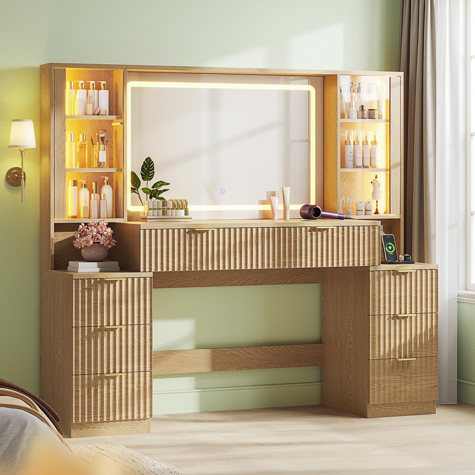 59.1" Fluted Makeup Vanity Desk with Large Mirror and Lights, 8 Drawer ...