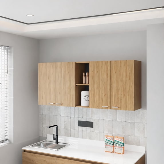 59.1 Inch 4-Door Storage Wall Cabinet, Natural Finish Particle Board ...