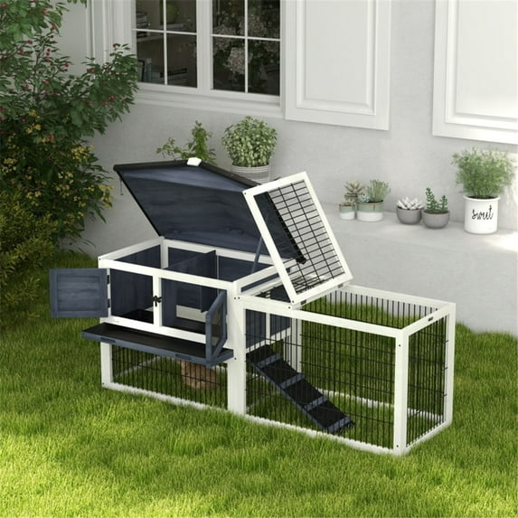59.1" Outdoors Rabbit Cage, Modern Multi-Functional Wooden Rabbit Hutch Bunny Cage with Top ...