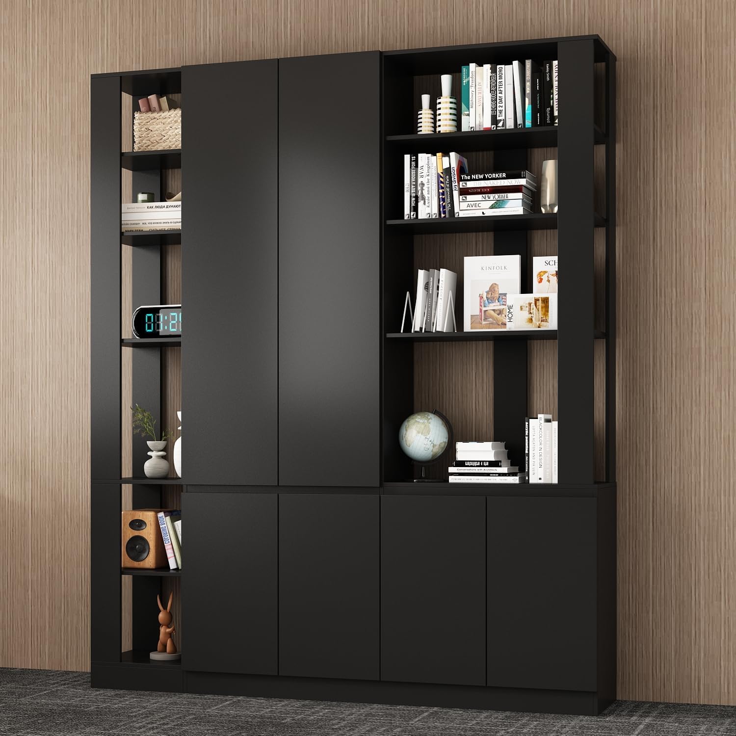 59.1" W Bookshelf and Bookcase, Large Display Shelf with 6 Doors and ...