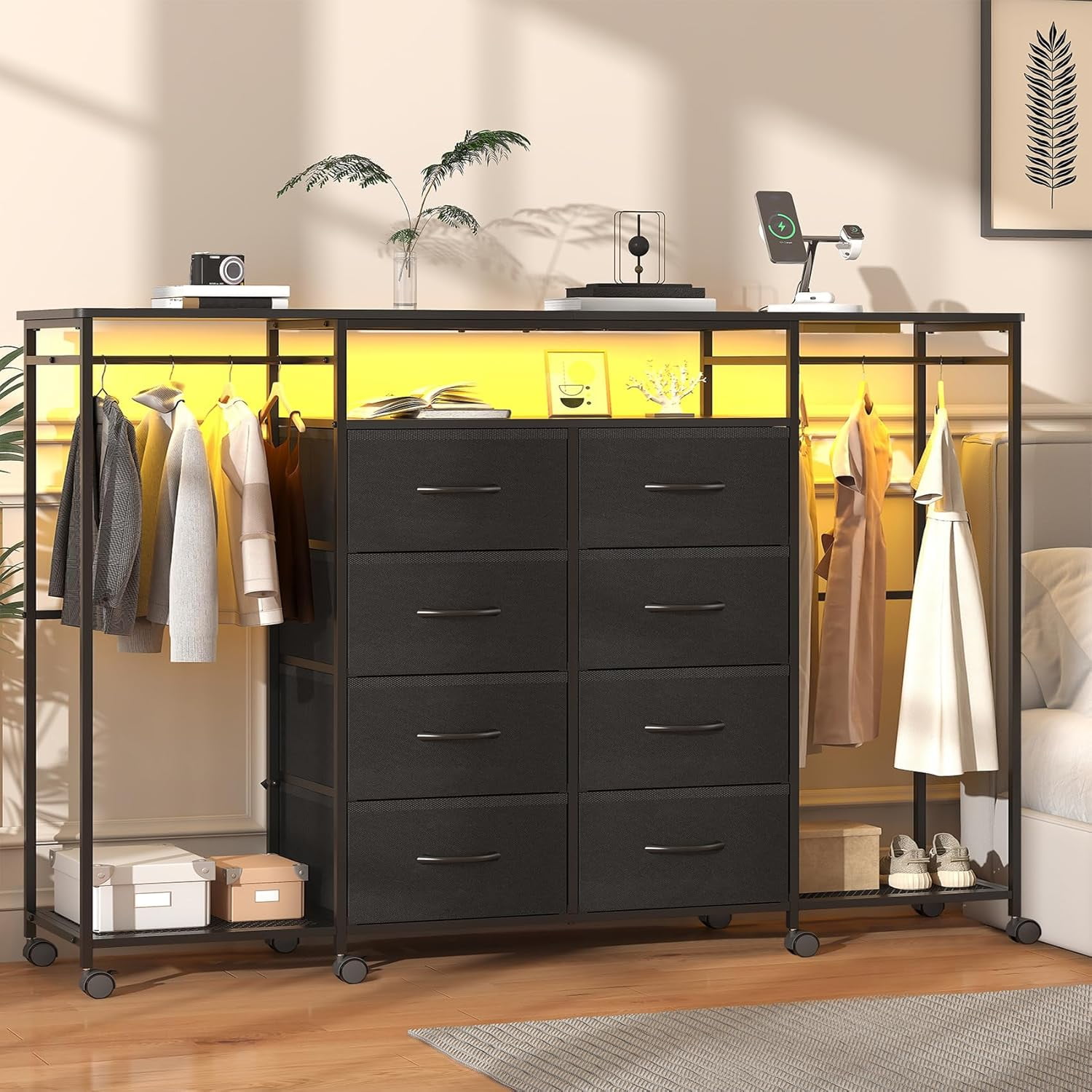 59.1" W Dresser for Bedroom with Hanging Rack, 8 Drawer Dresser with ...