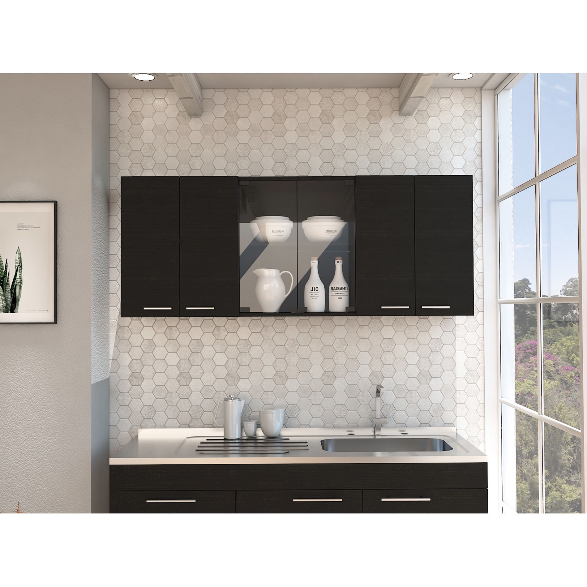 59.1 - inch - wide black wall cabinet with glass and two double doors ...
