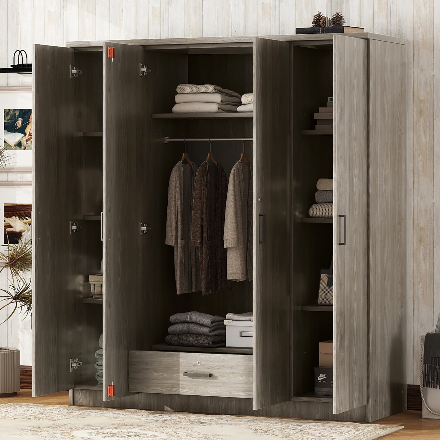 59.2 Inch Closet Wardrobe with 4 Doors and 1 Drawer,Storage Cabinet ...
