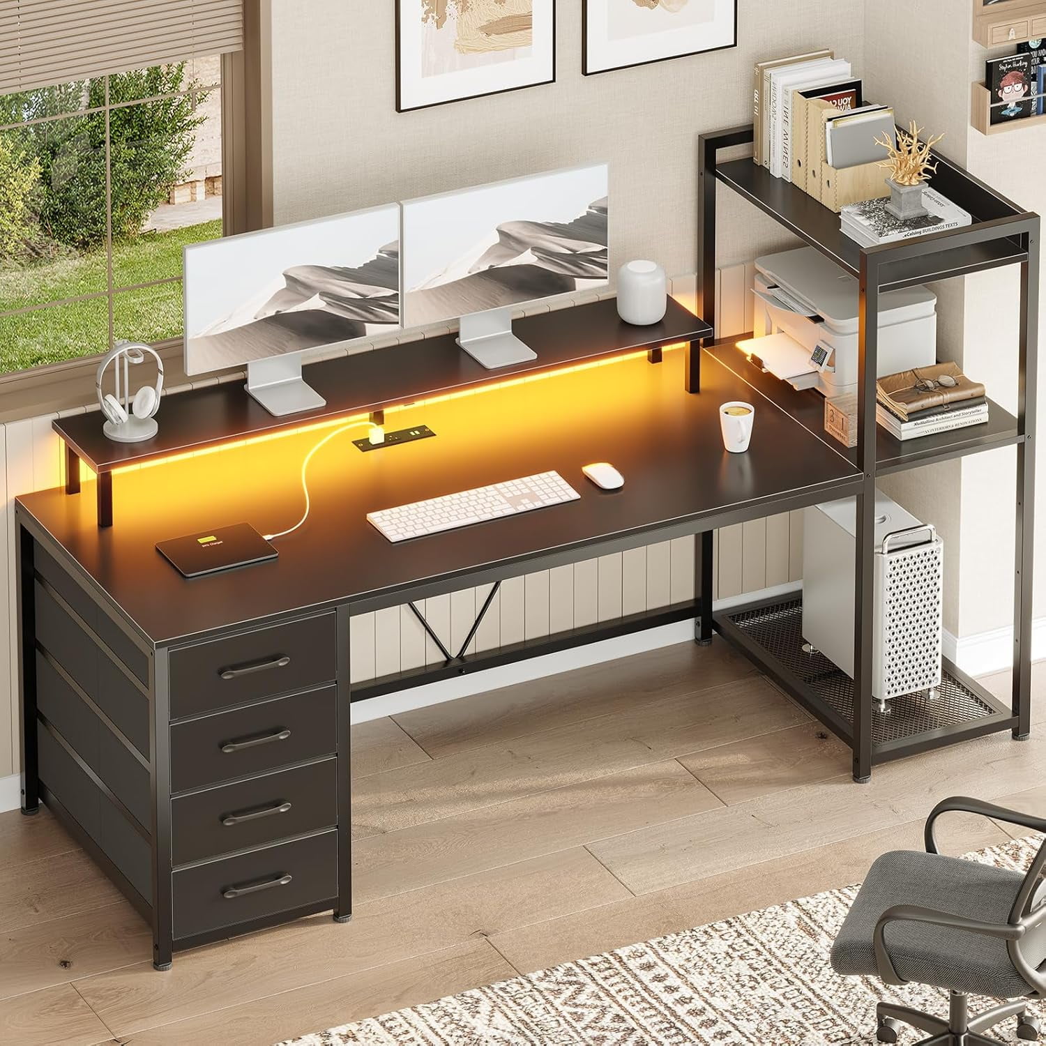 59" Computer Desk with 4 Drawers and Shelves Gaming Desk with LED ...