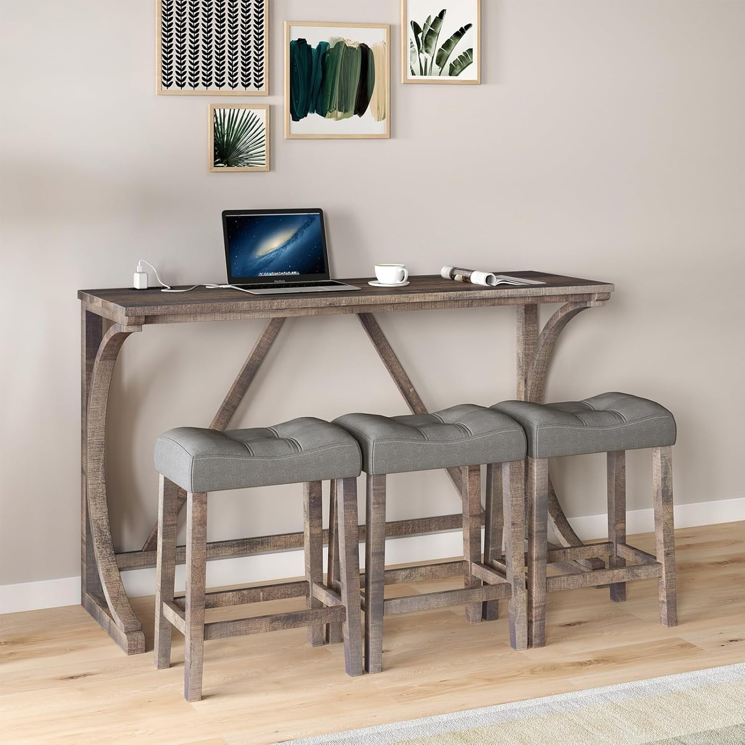 59" Counter Height Bar Set with Power Outlet Breakfast with 3 Padded ...