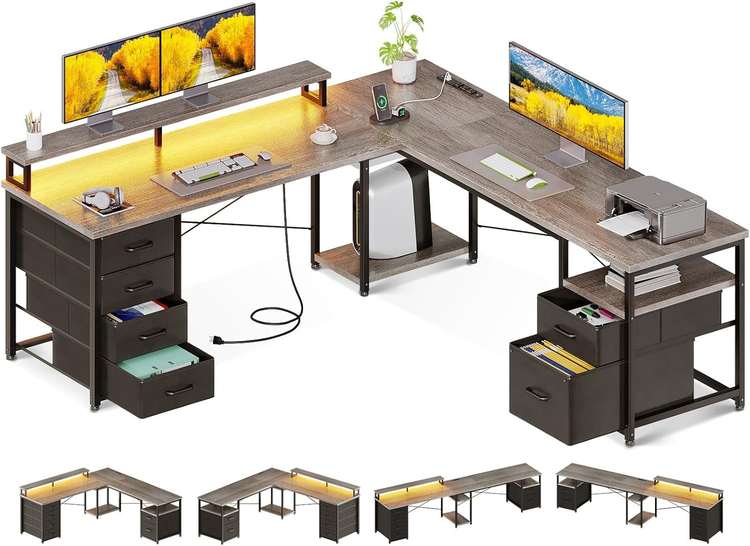 59" L Shaped Computer Desk 105" Reversible Office Desk with File ...