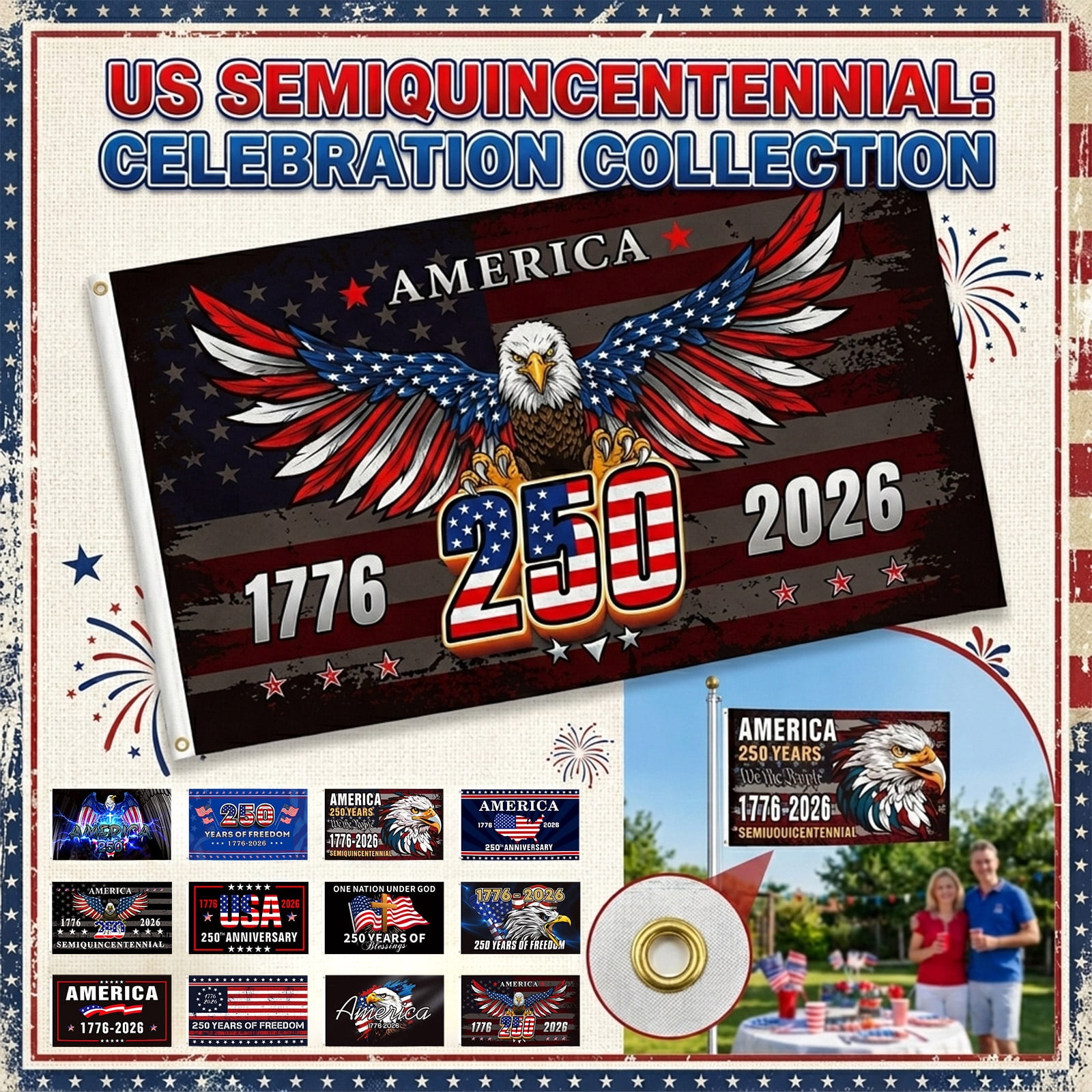 59 × 35in USA 250th Anniversary Banner Patriotic Outdoor Decoration for ...
