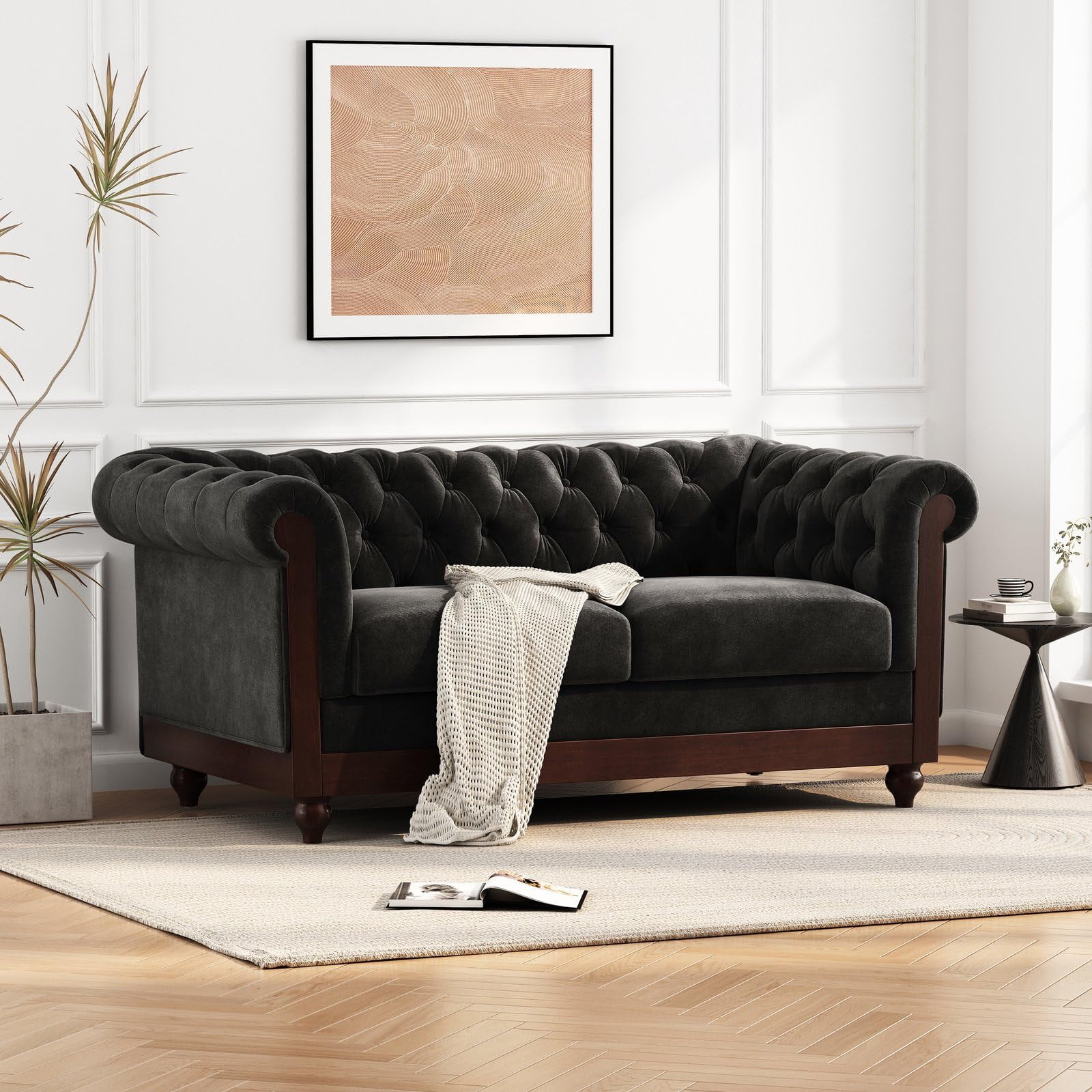 59.44" Chesterfield Velvet Loveseat Sofa, 2-Person Rolled Arm Tufted ...