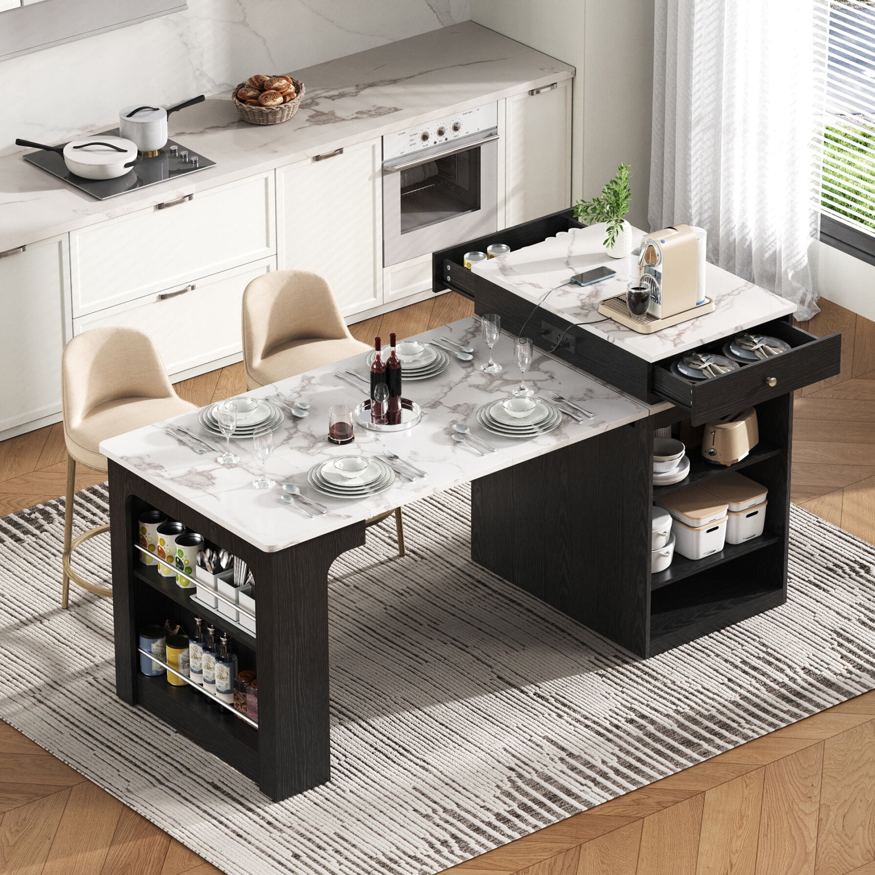 59.5" Kitchen Island with Extendable Dining Table, Kitchen Storage ...