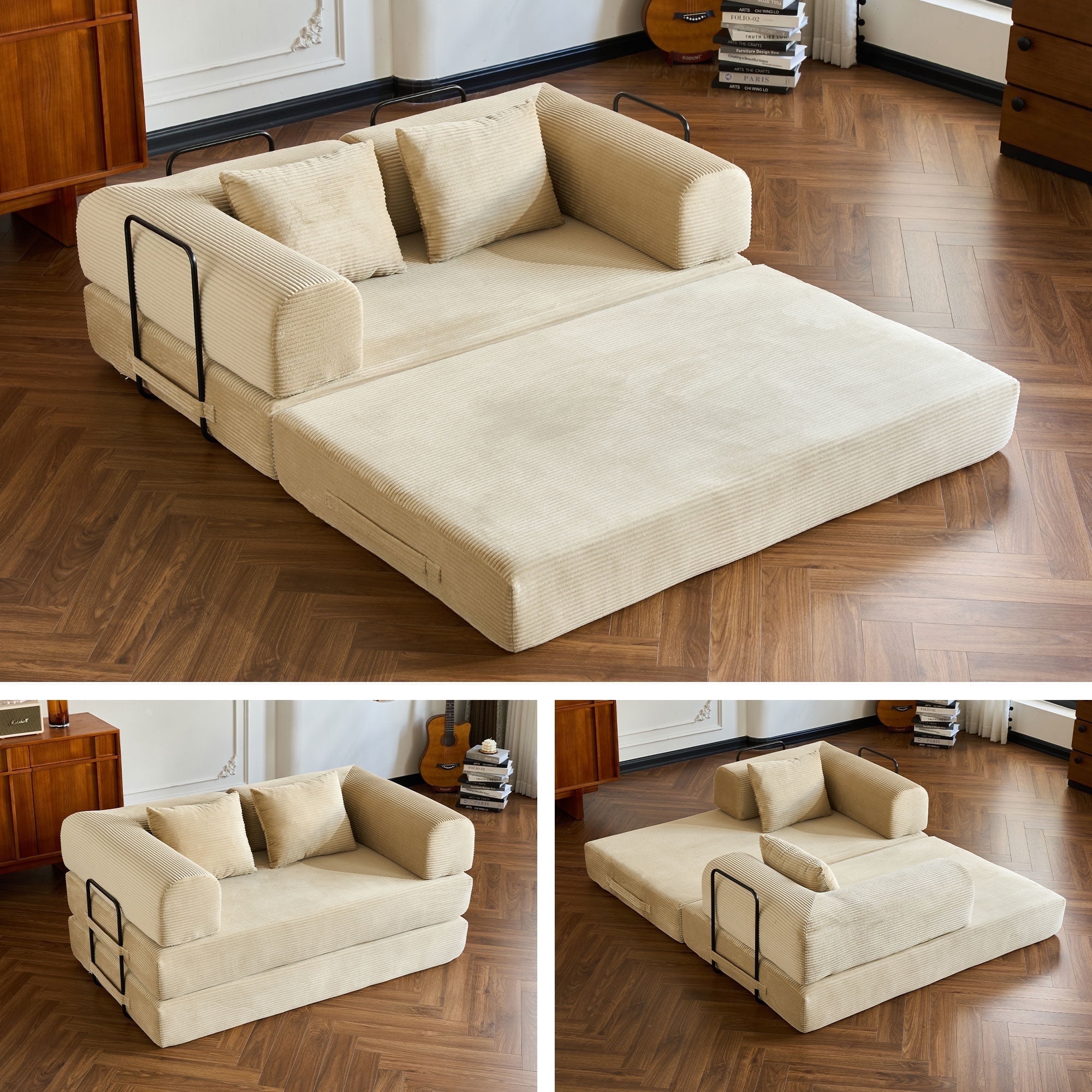 59" 5-in-1 Convertible Corduroy Sofa Bed, No-Assembly Boneless Loveseat ...