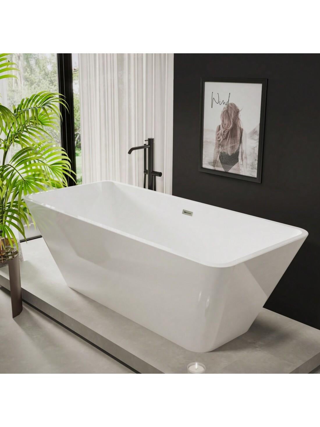 59"/66" Acrylic Freestanding Bathtub,Contemporary Square Shape Soaking ...