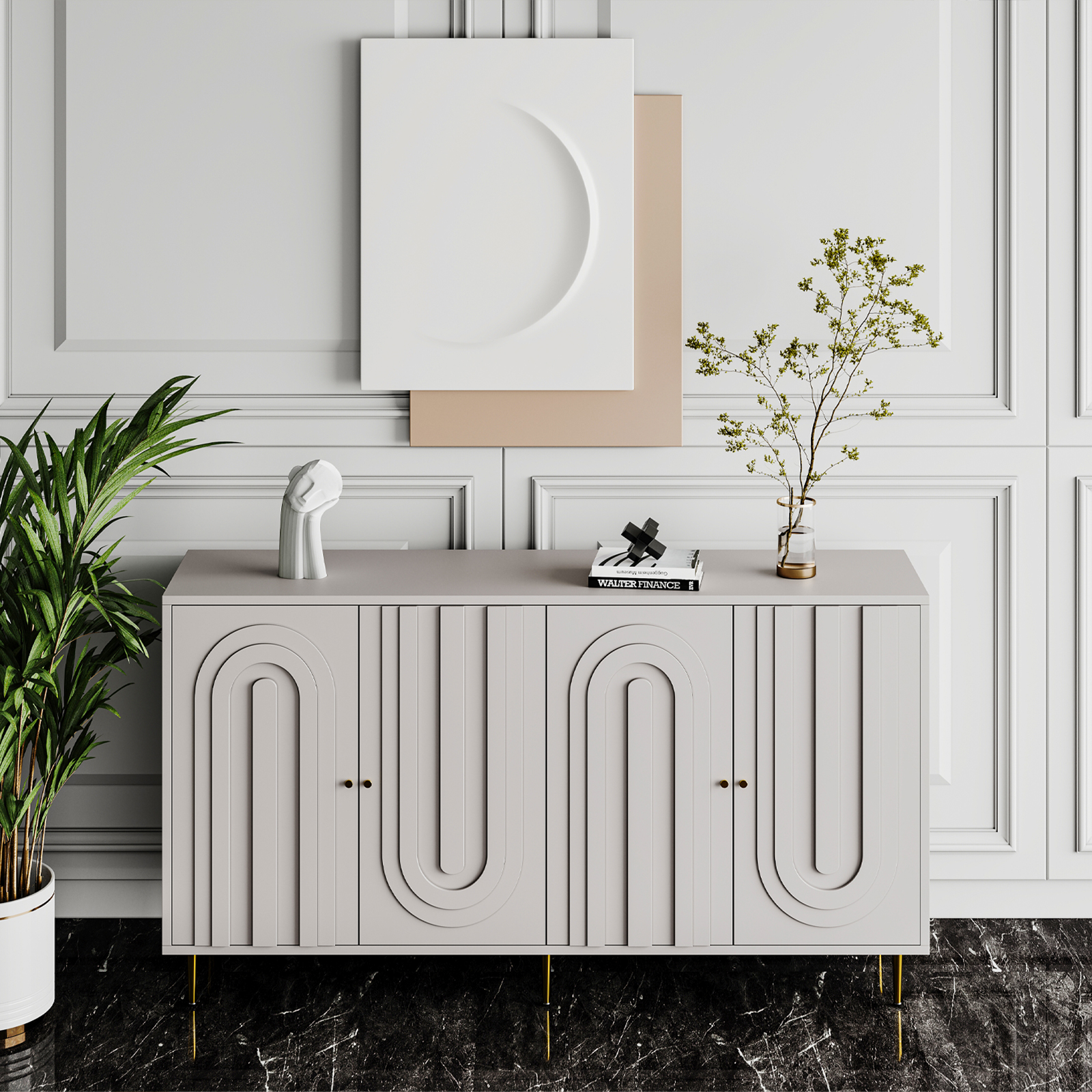 59.8" Buffet Cabinet With Adjustable Shelves Metal Legs 4 Doors Wooden ...