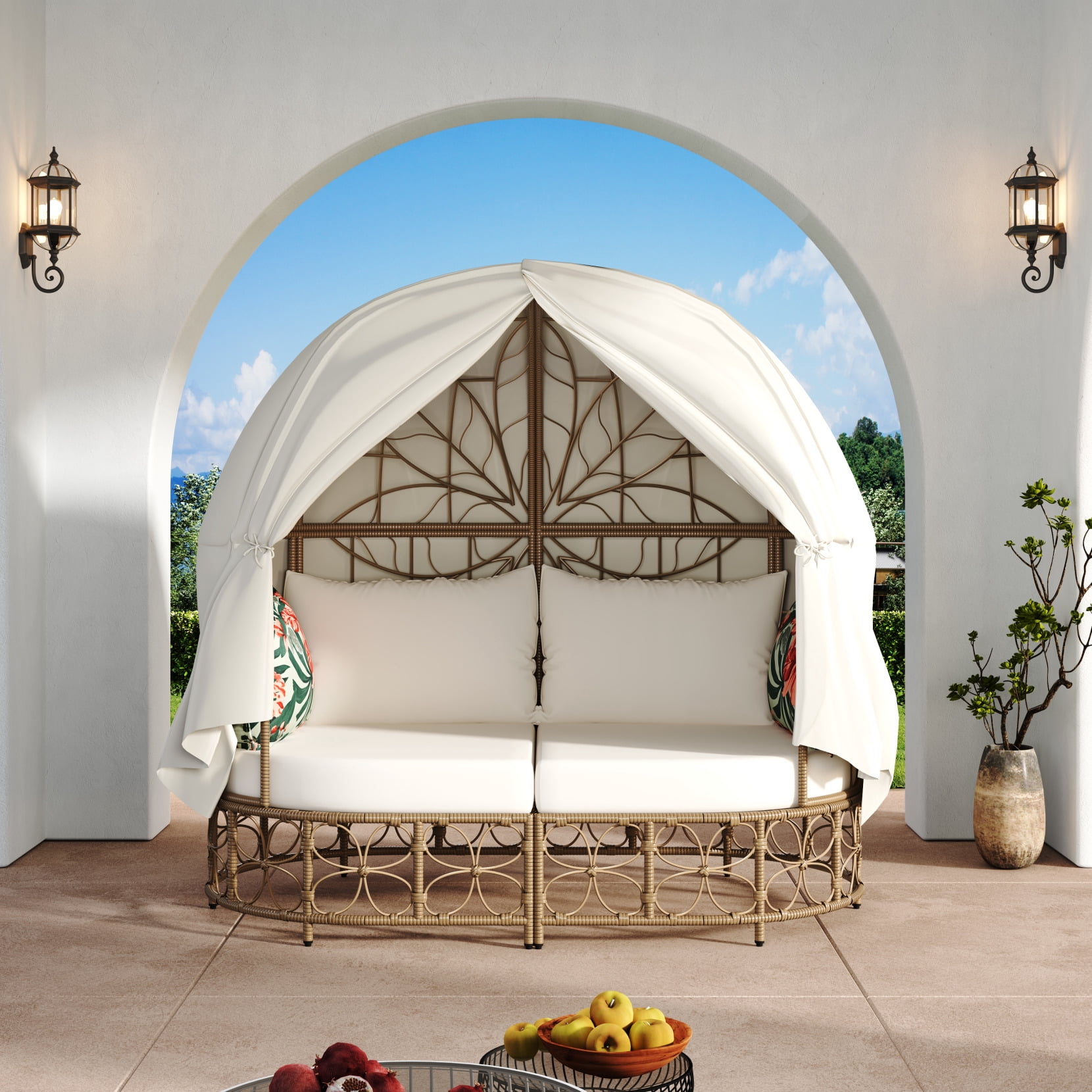 59.8" Outdoor Daybed Sunbed with Colorful Pillows, Natural Wicker Patio ...