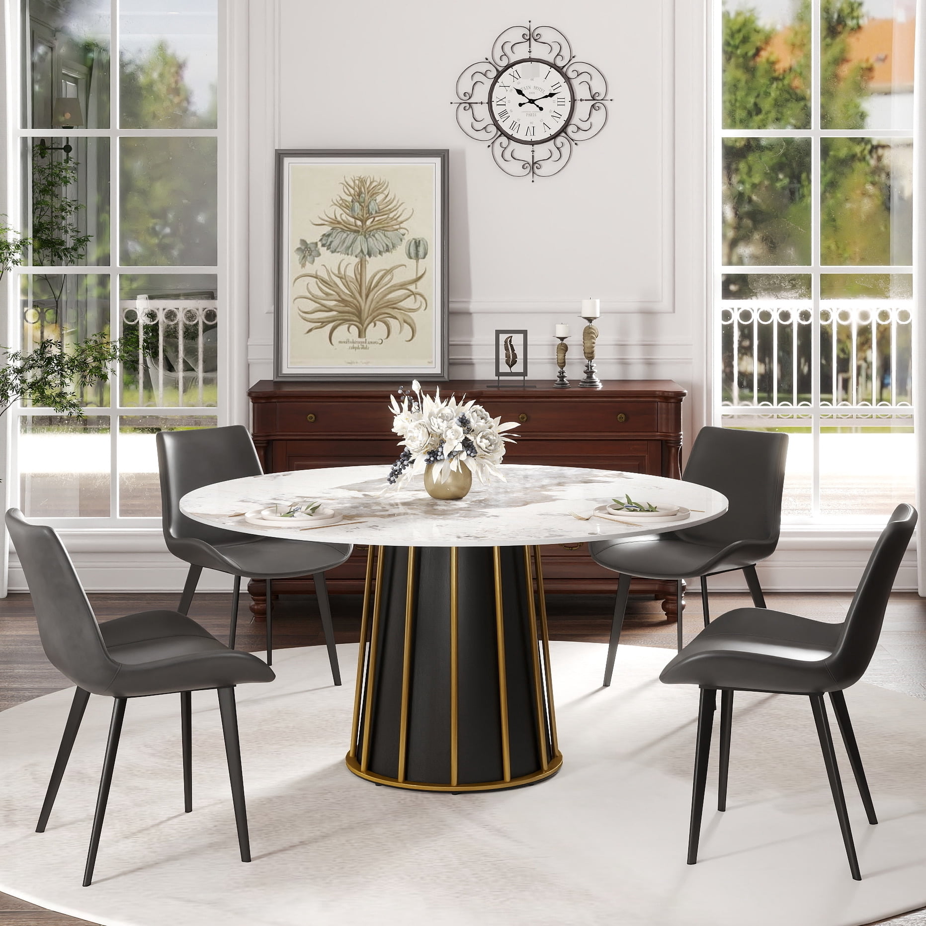 59.89" Round Sintered Stone Dining Table, Iron Base, Fits 6-8 People ...