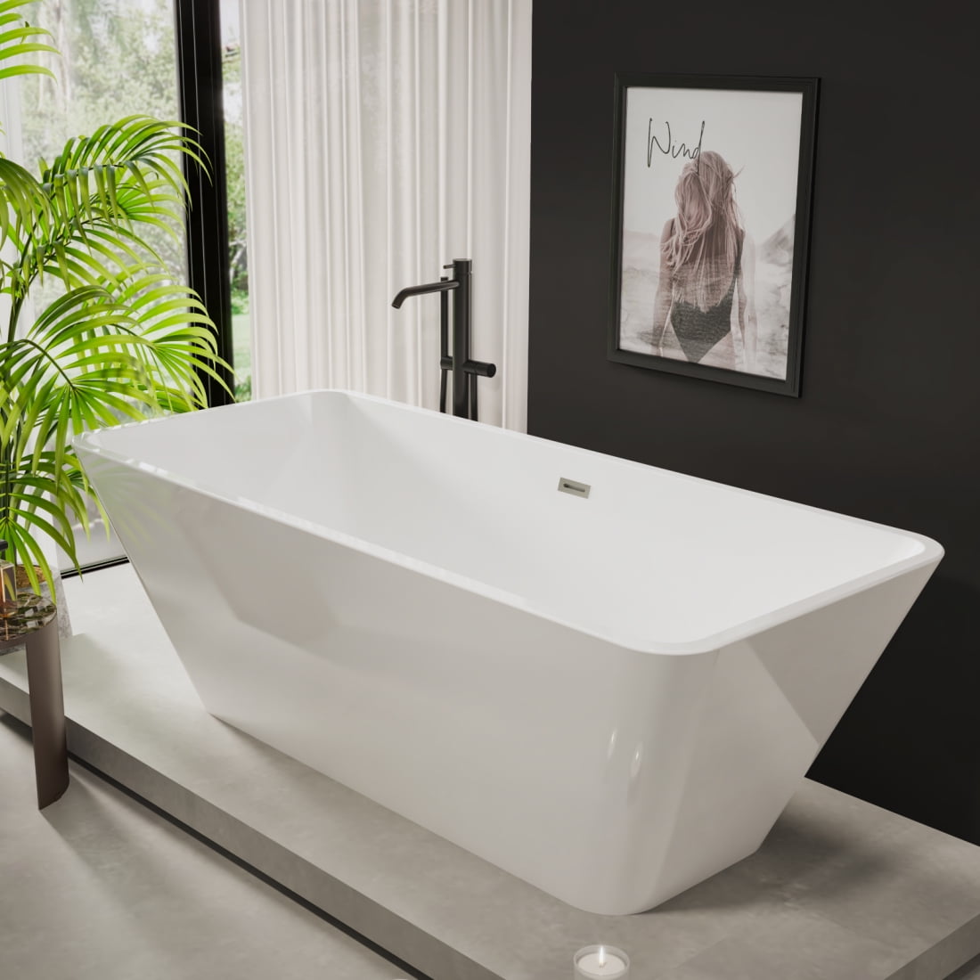 59" Acrylic Freestanding Bathtub,Contemporary Square Shape Soaking Tub With Chrome Drain and ...