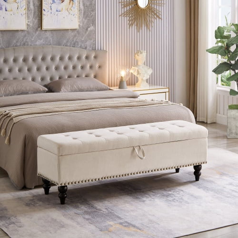 59" Bed Bench Ottoman with Storage Beige Fabric - Walmart.com
