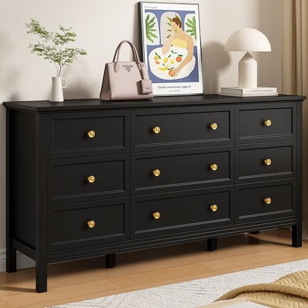 59" Black Dresser for Bedroom, 9 Drawer Wood Dresser with Gold Handles ...