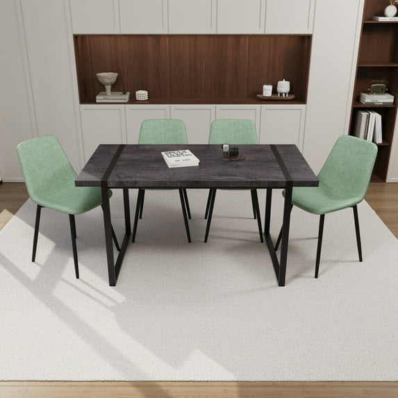 59" Black MDF Dining Table Set, 4 Modern Suede Chairs, Medieval Style ...