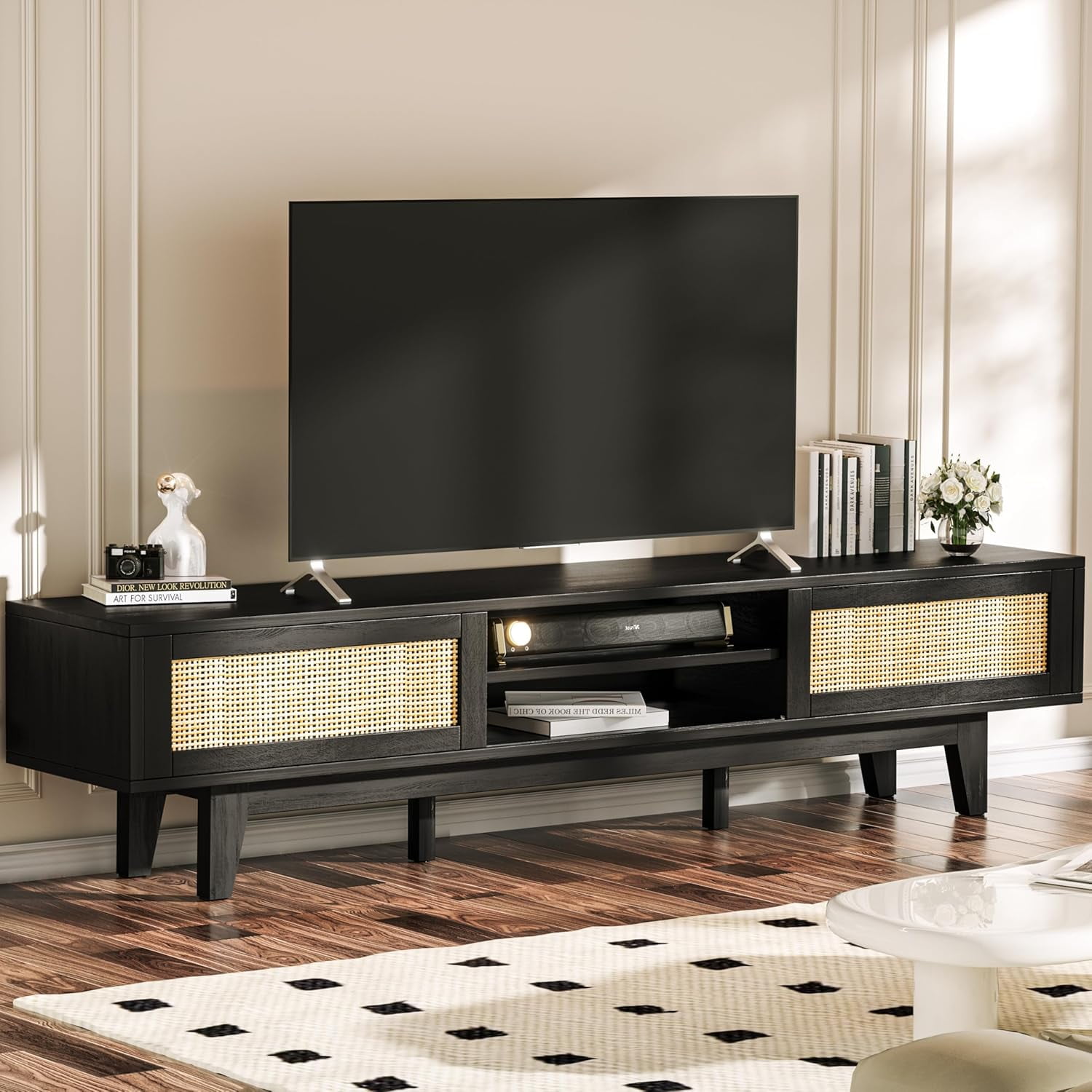 59" Black Rattan TV Stand for TVs up to 65'', Boho TV Console with ...