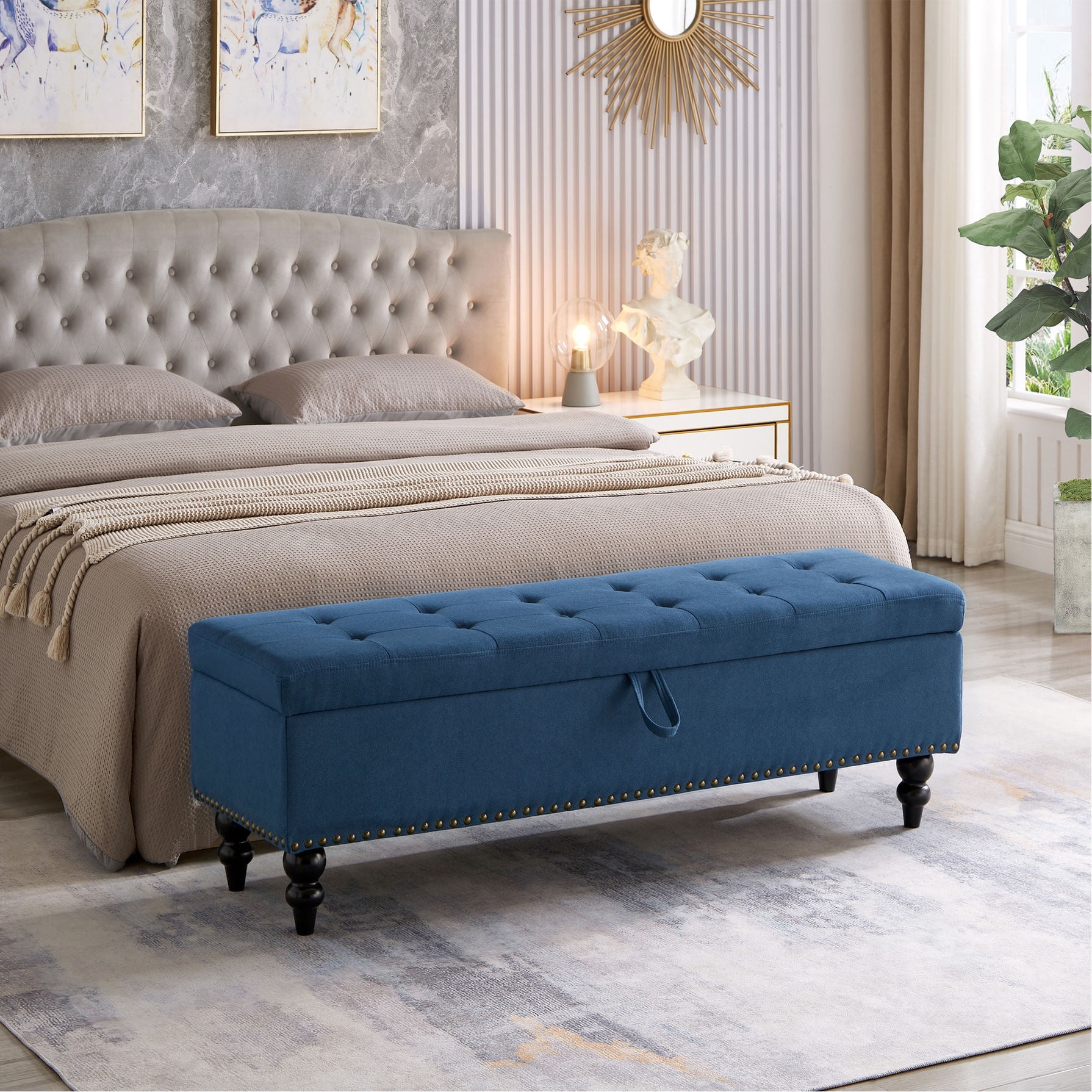 59" Blue Fabric Bench - Storage Compartment - Bedroom Decor Piece ...