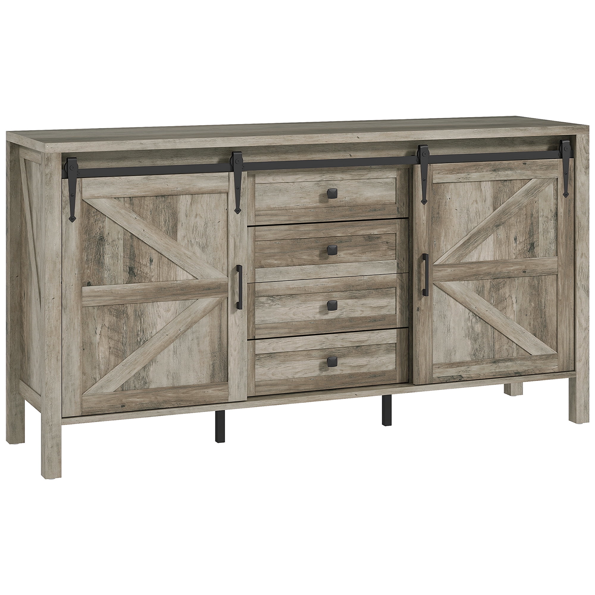 59" Buffet Cabinet, Farmhouse Sideboard with Thick Top, 2 Barn Doors, 4 ...