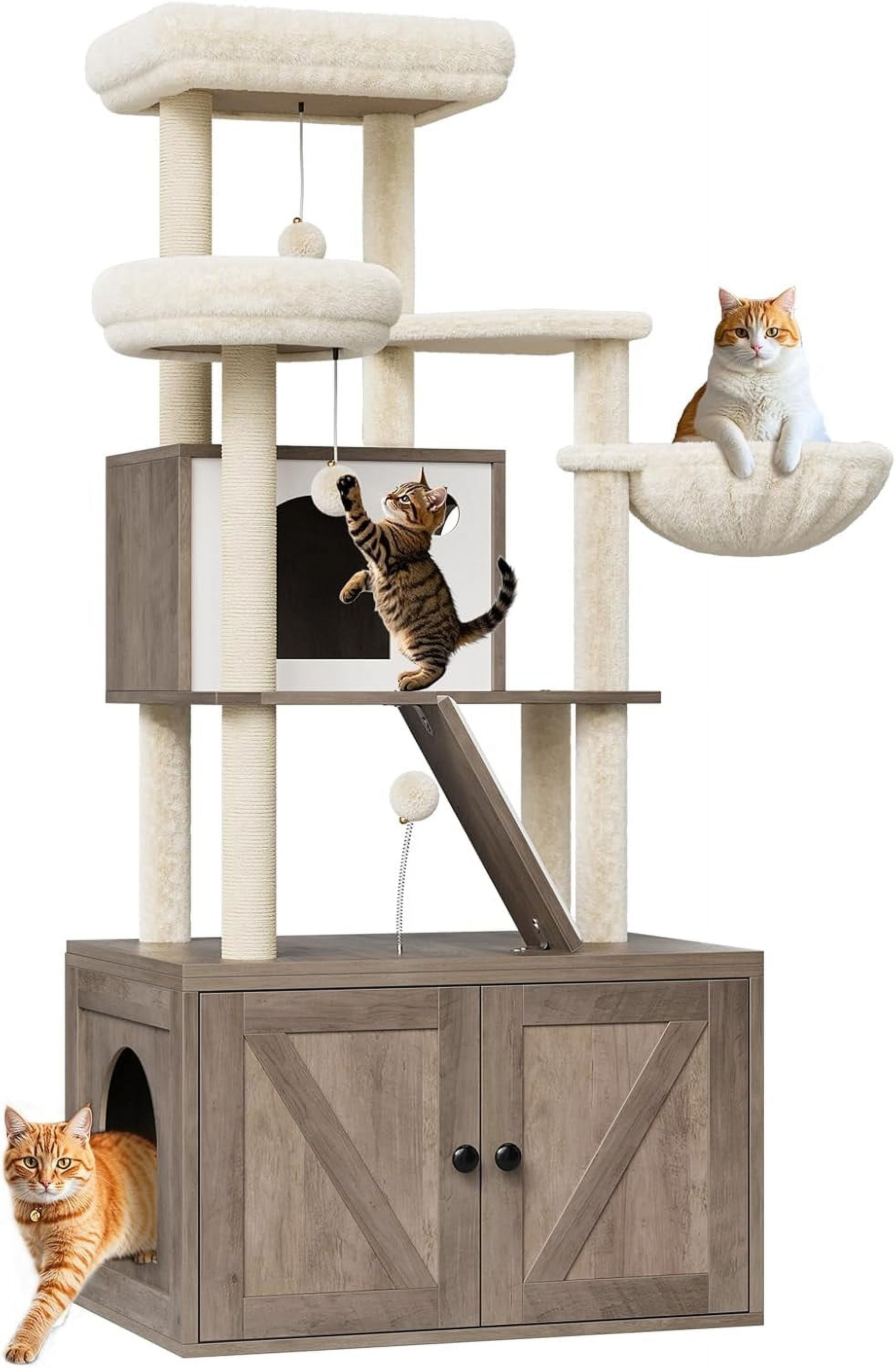 59" Cat Tree with Hidden Litter Box Enclosure, 2-In-1 Modern Cat Tower ...