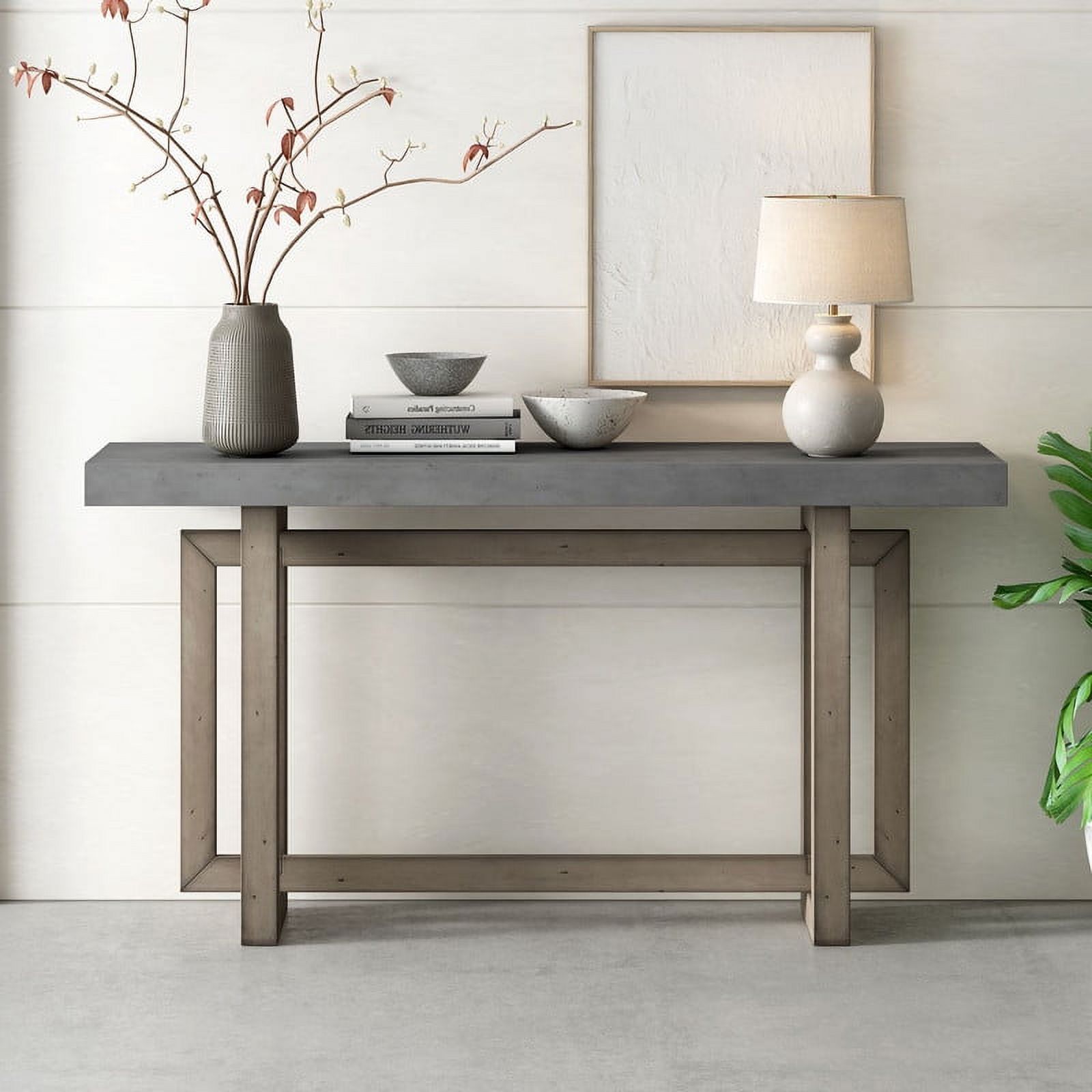 59" Contemporary Console Table with Industrial-Inspired Concrete Wood Top, Extra Long Sofa Side ...