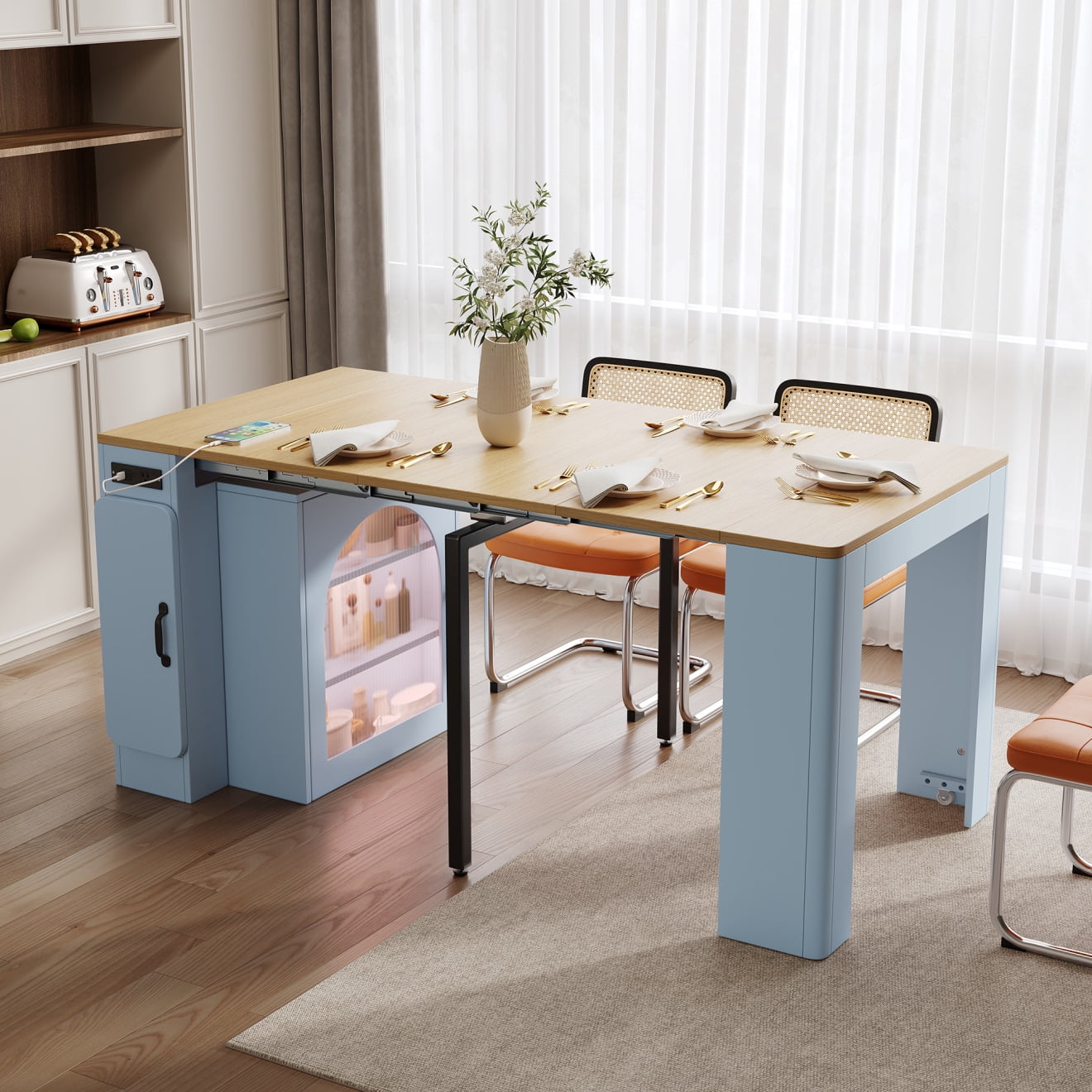 59" Extendable Dining Table with Power Outlet, Mobile Rolling Kitchen ...