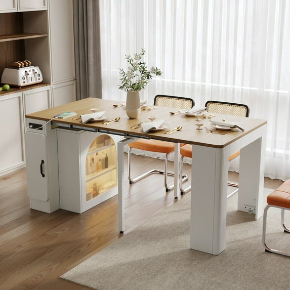 59" Extendable Dining Table with Power Outlet, Mobile Rolling Kitchen ...