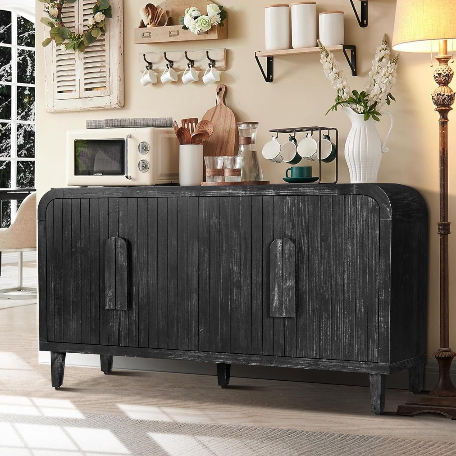 59'' Farmhouse Curved Vintage Storage Sideboard with Large Wooden ...