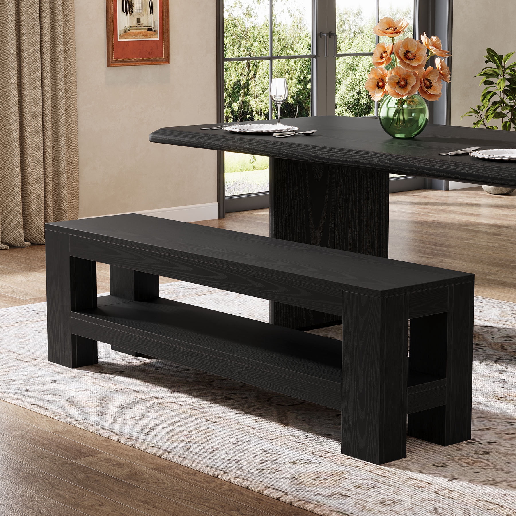 59" Farmhouse Dining Bench with Storage Shelf, Wooden Entryway Bench ...