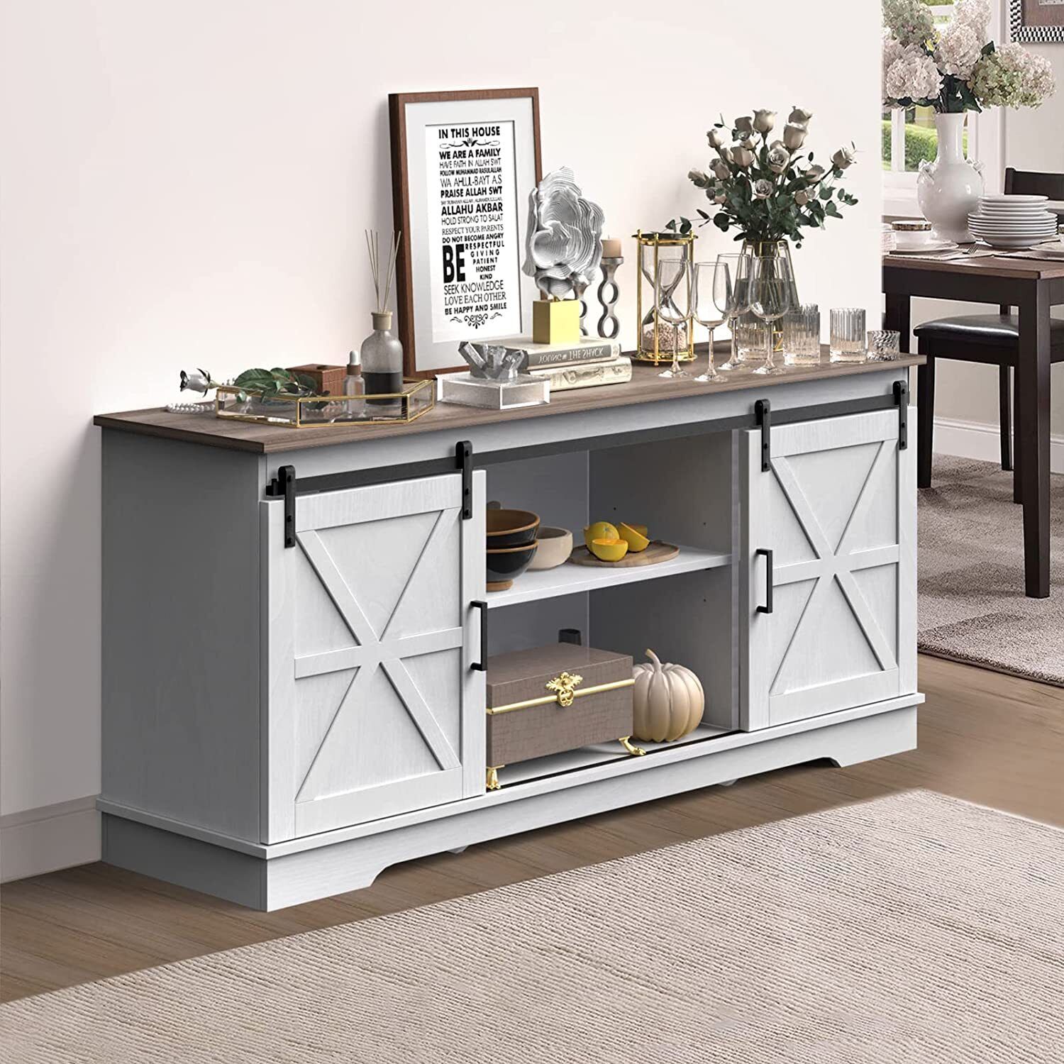 59" Farmhouse Kitchen Buffet Cabinet Coffee Bar Sideboard with Sliding ...