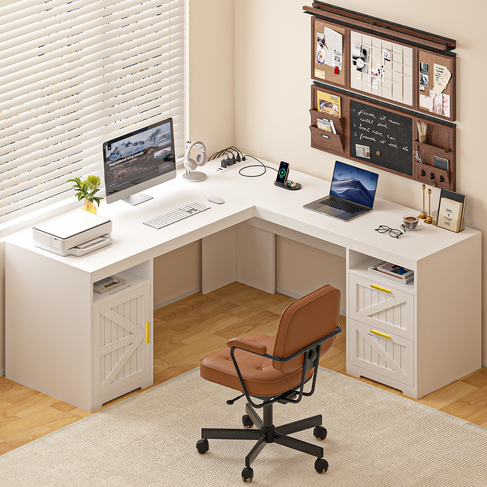 59" Farmhouse L Shaped Desk with Drawers & Storage Shelf, Corner ...