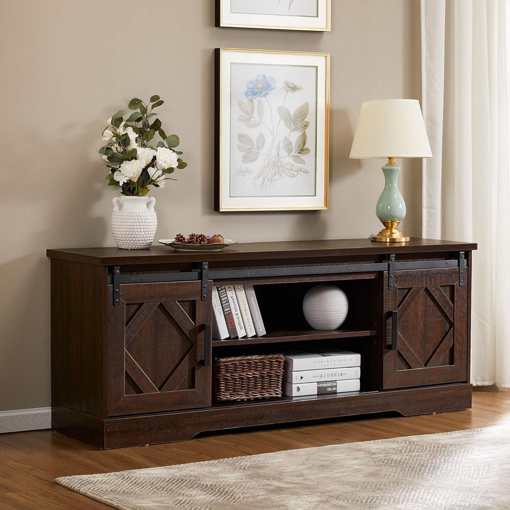 TV Stand, Modern Farmhouse Barn Door Wood Entertainment Center TV ...