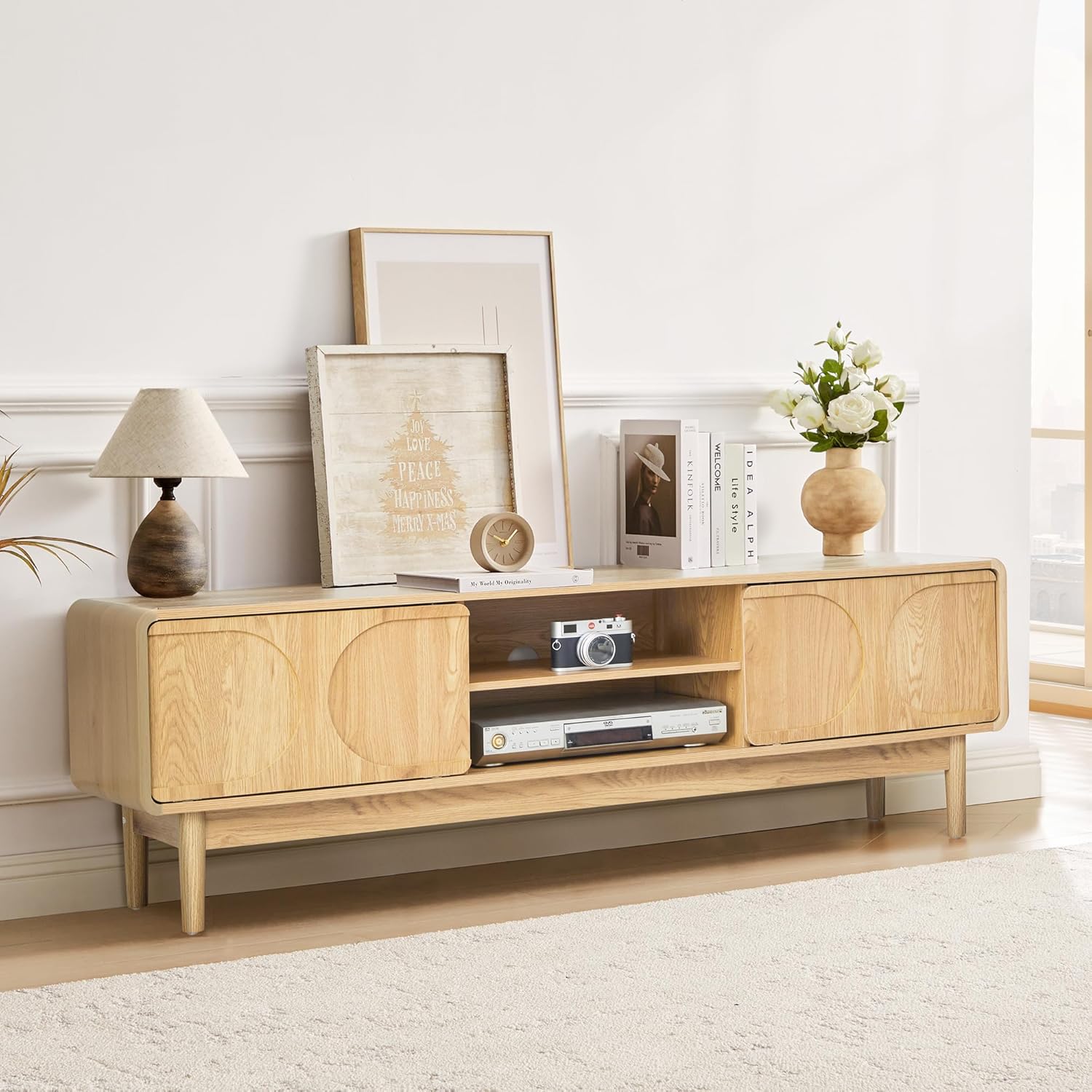 59" Farmhouse TV Stand for Television 55/60/65 Inch, Wooden TV Console ...