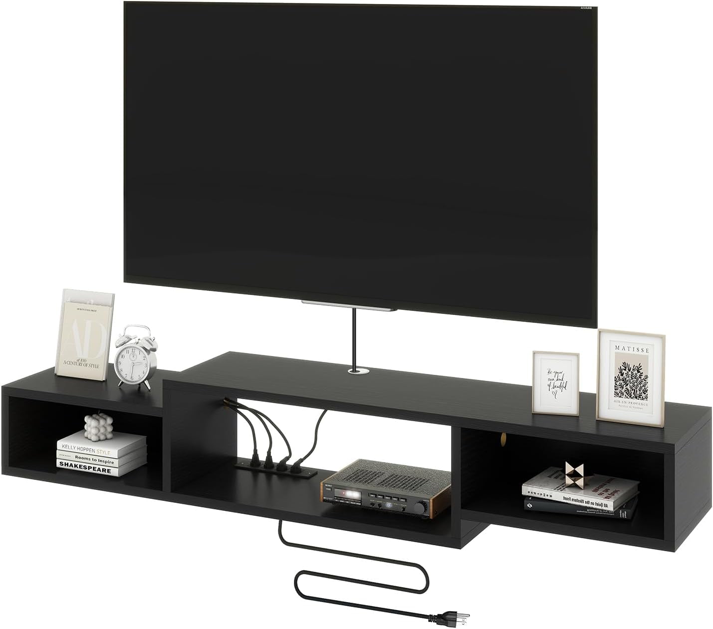 59" Floating TV Stand Wall Mounted with Power Outlet,Wood Wall Mounted ...