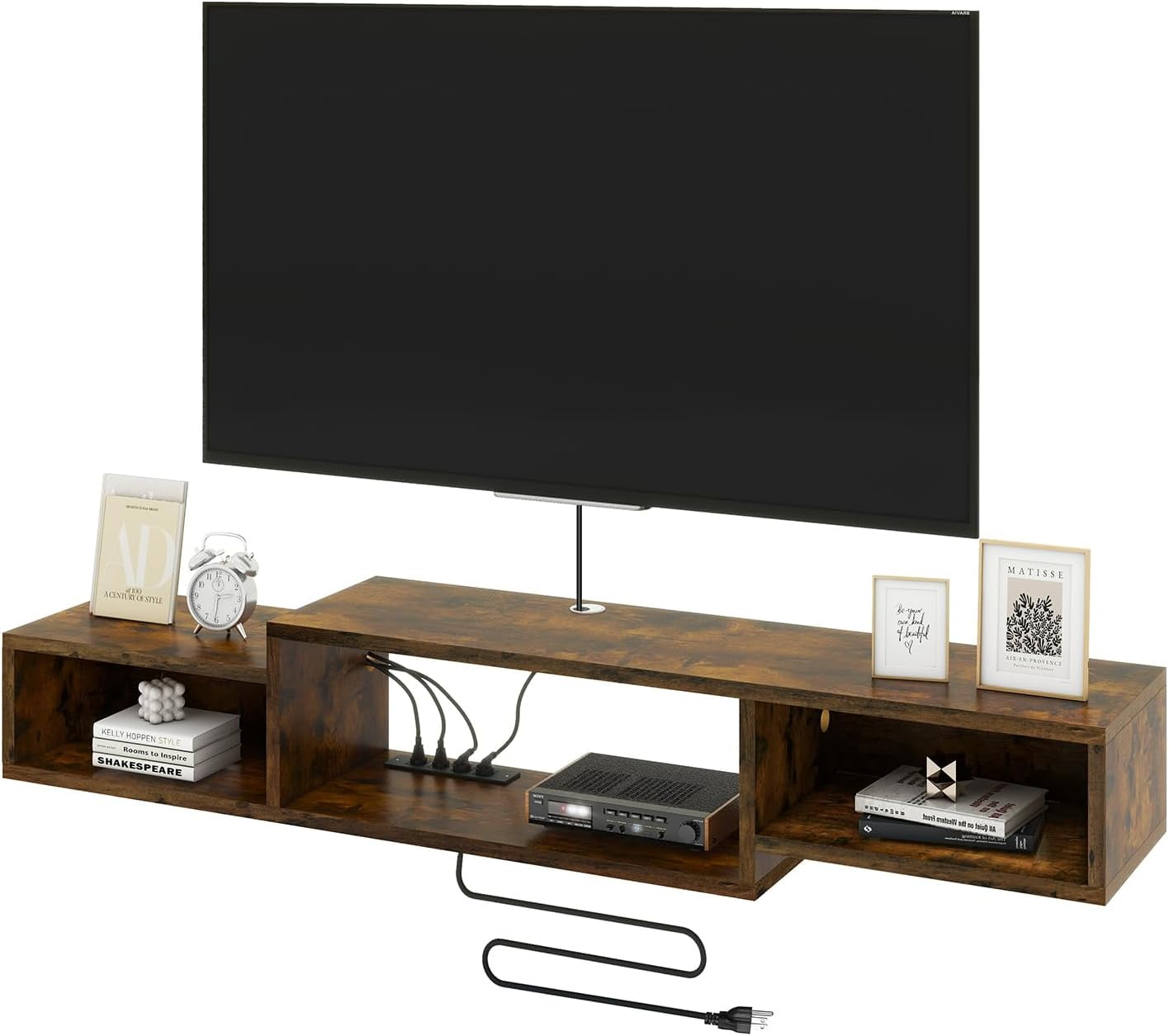 59" Floating TV Stand Wall Mounted with Power Outlet,Wood Wall Mounted ...