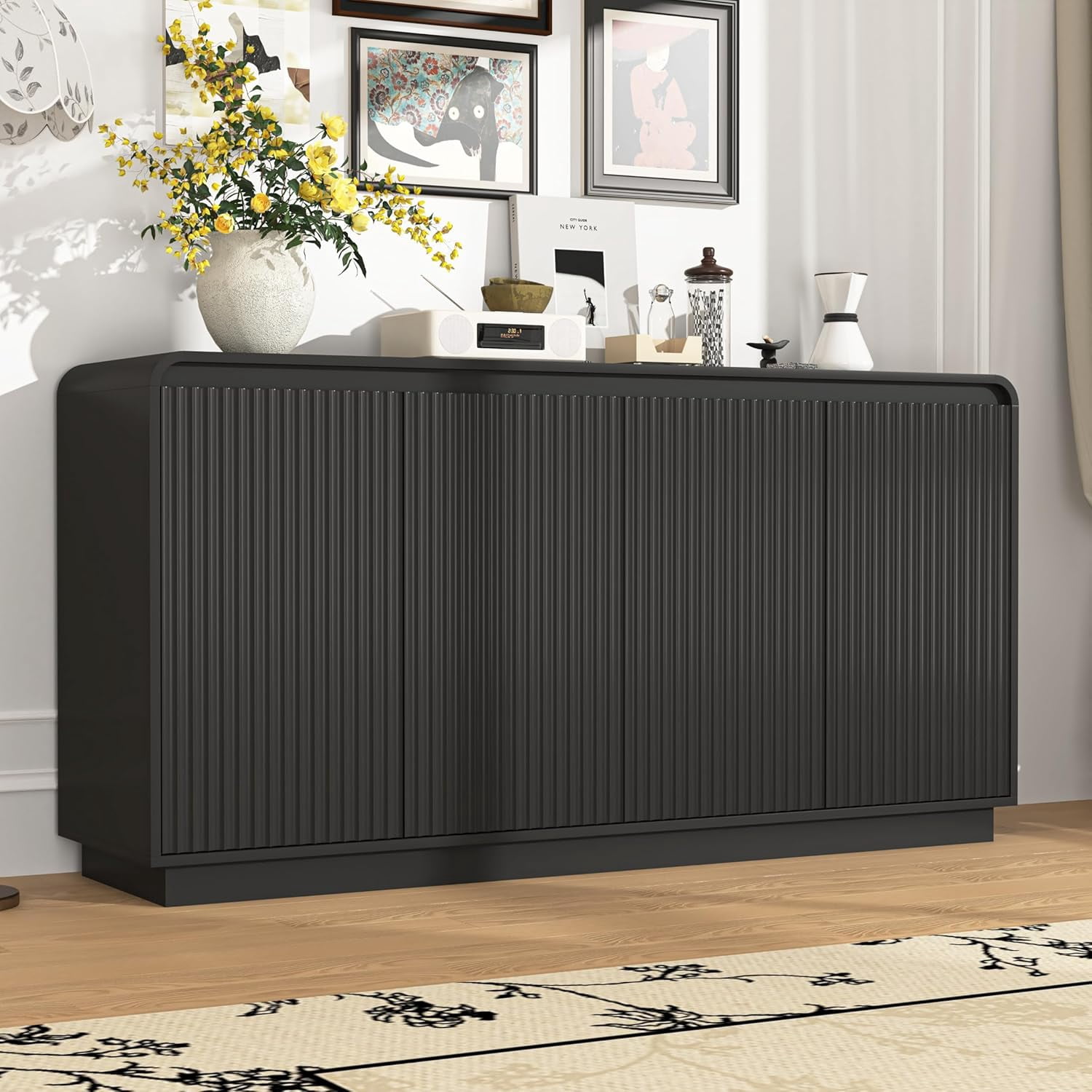 59'' Fluted Sideboard Buffet with Charging Station, Modern TV Stand ...
