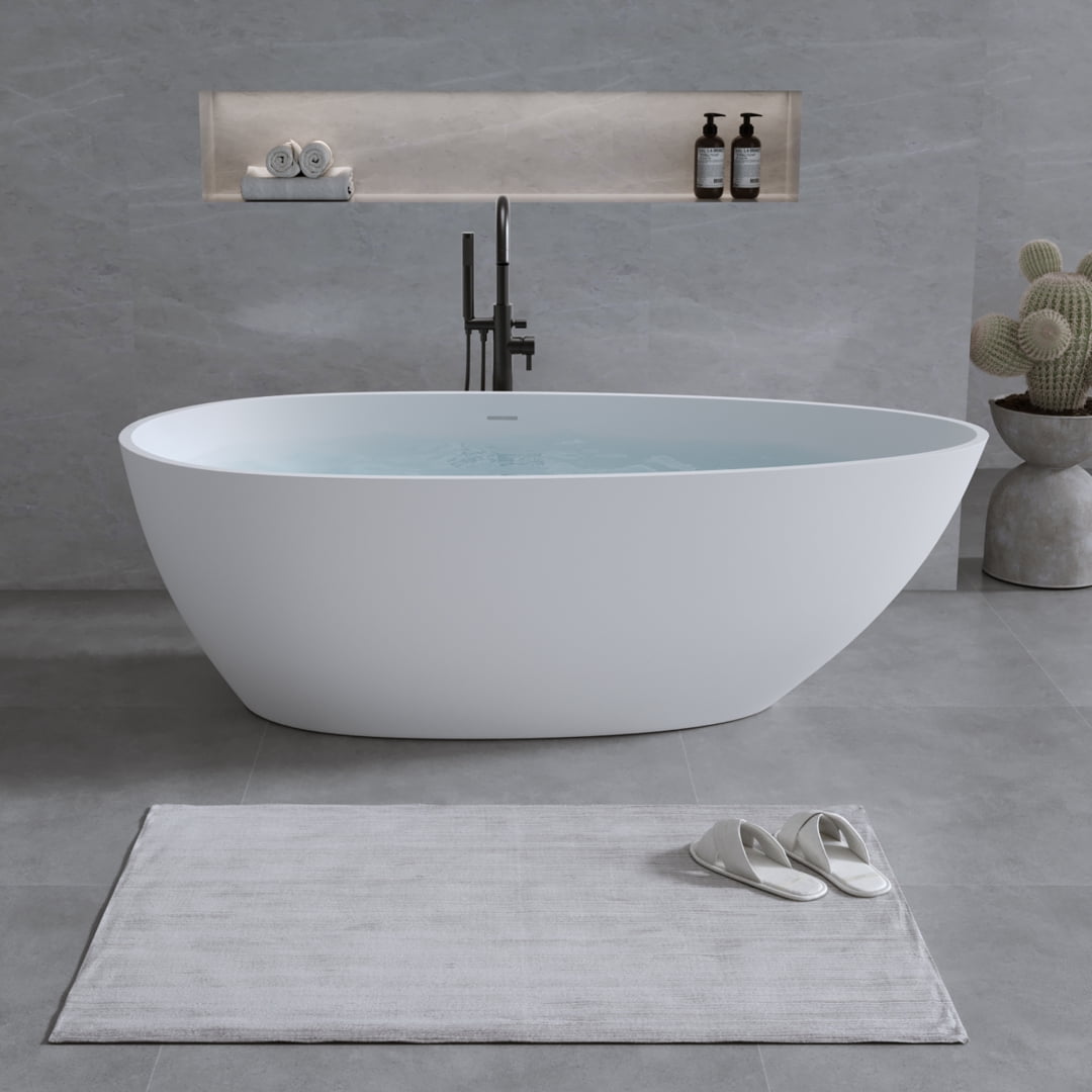 59'' Freestanding Solid Surface Bathtub with Overflow and Pop-Up Drain ...