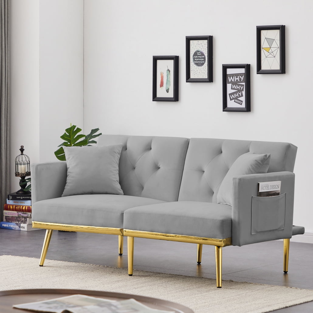 59" Futon Couch Bed, Velvet Loveseat Sofa Bed with Split Back, Modern 2 ...