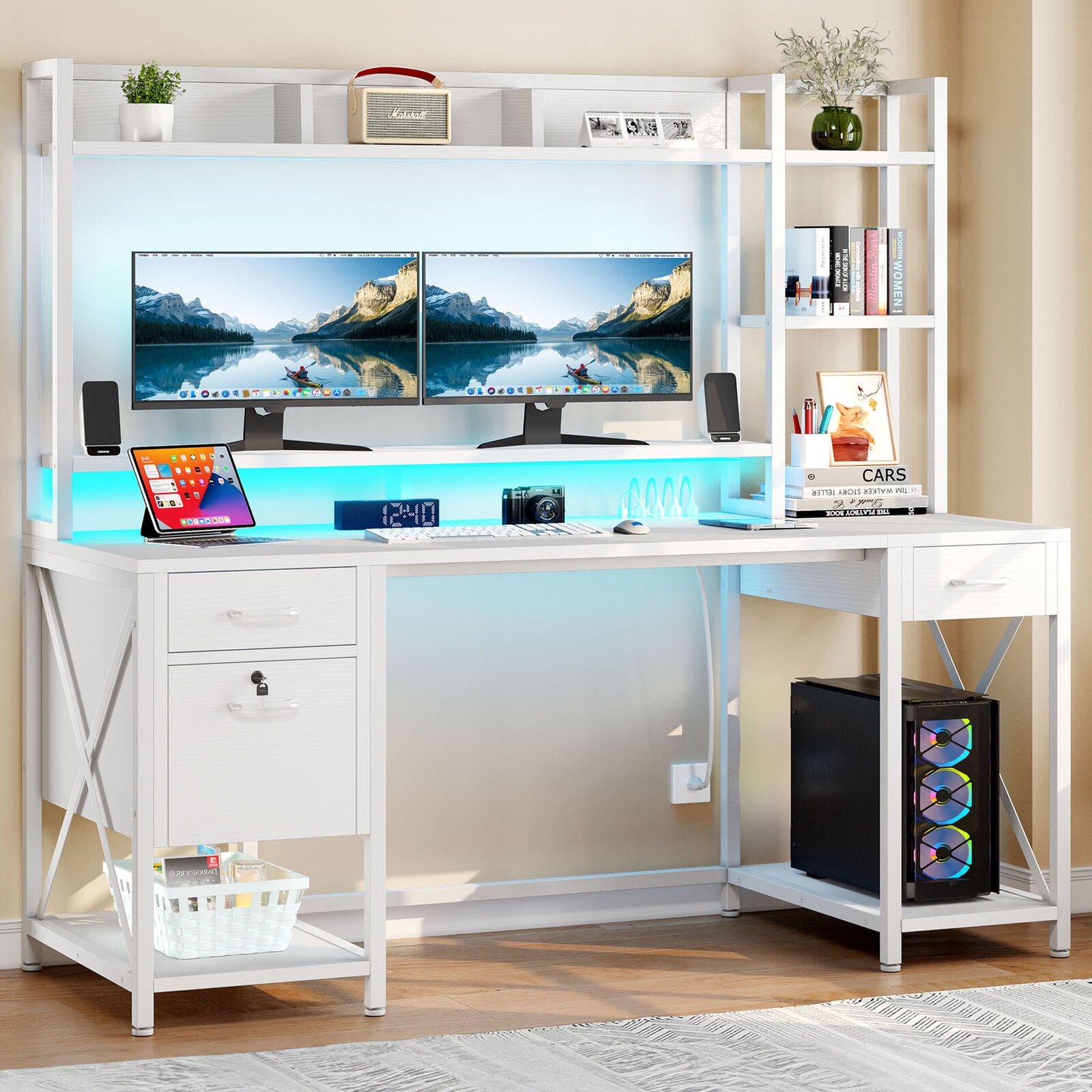 59" Gaming Desk with LED Lights and Hutch Computer Desk with Power ...